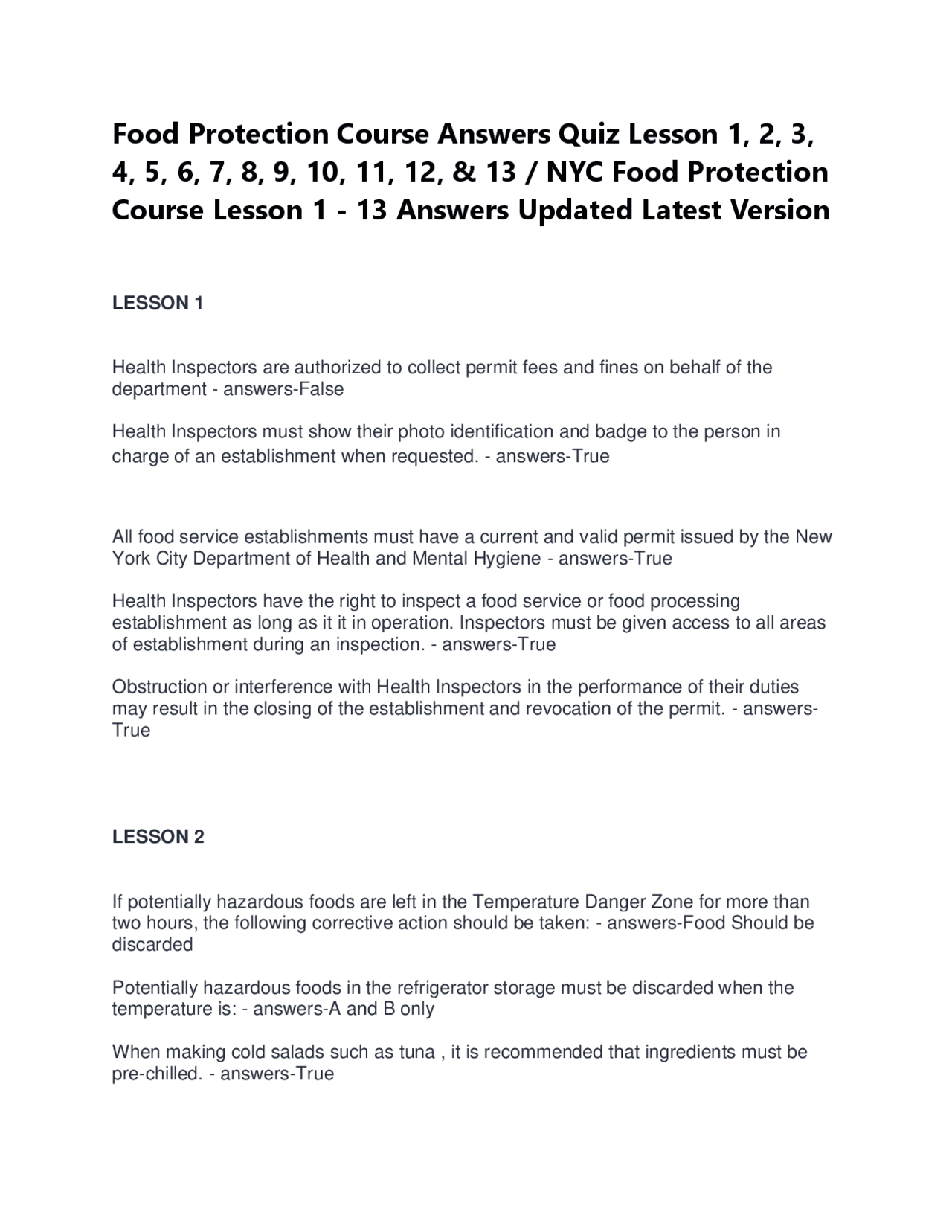 Food Protection Course Answers Quiz Lesson 1, 2, 3, 4, 5, 6, 7, 8, 9 ...