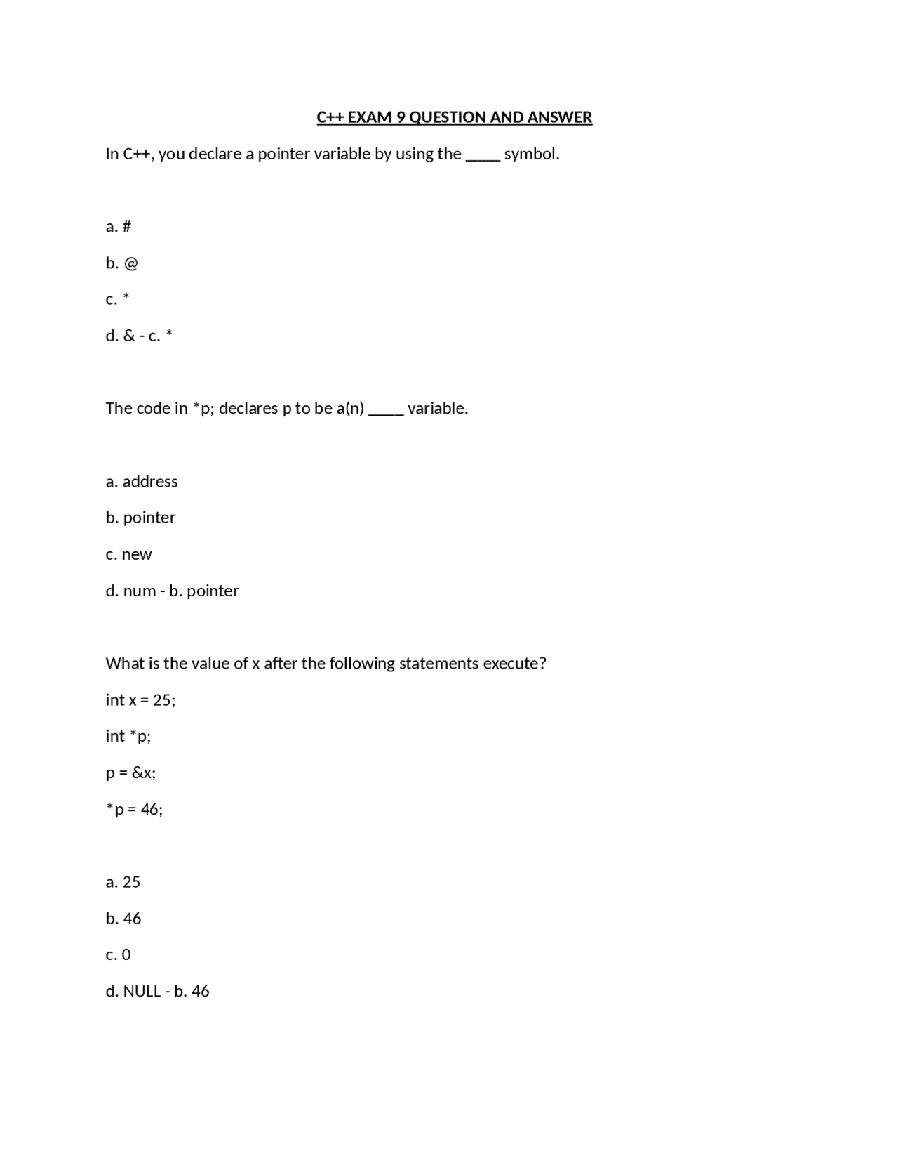 C++ EXAM 9 QUESTION AND ANSWER | Exams Advanced Education | Docsity