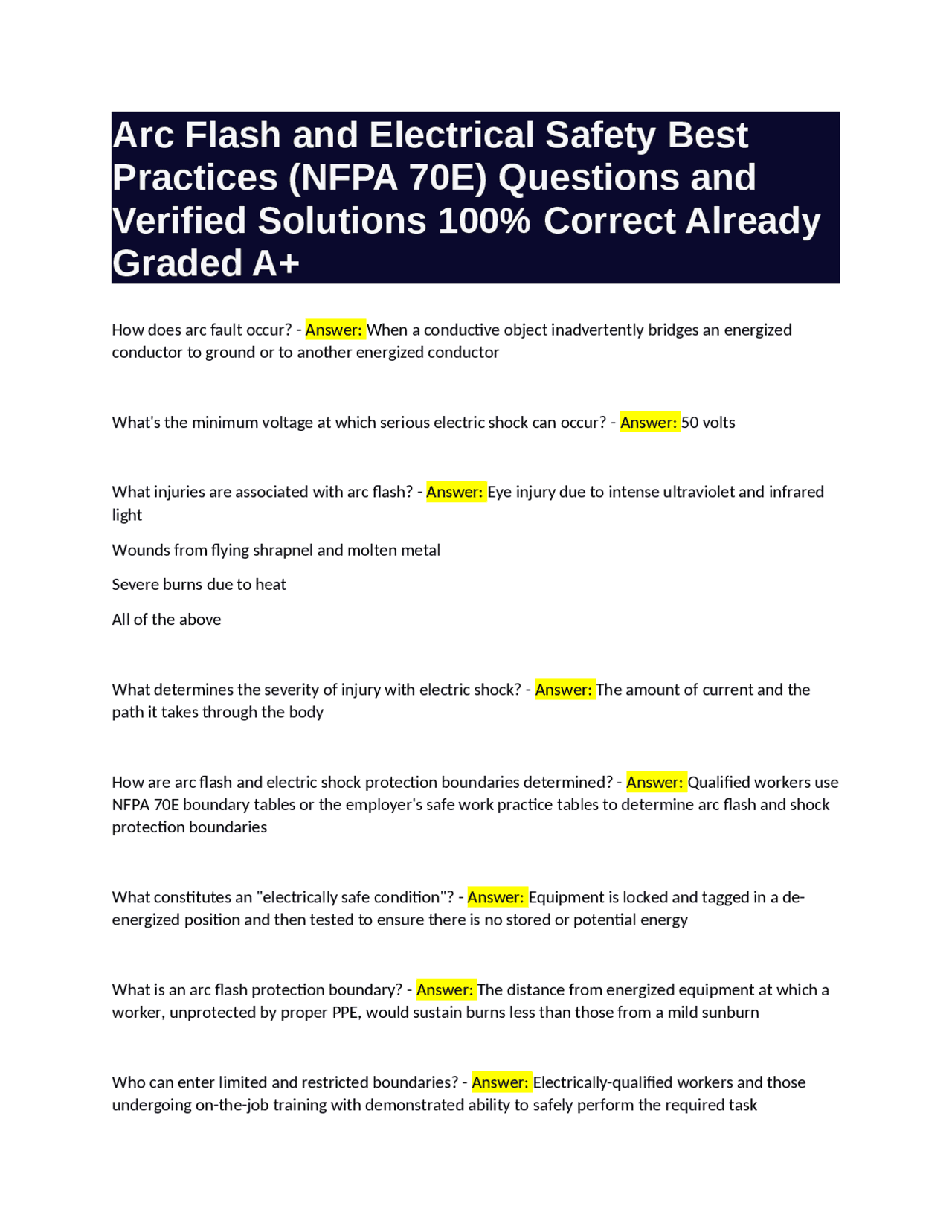 Arc Flash and Electrical Safety Best Practices (NFPA 70E) Questions and ...