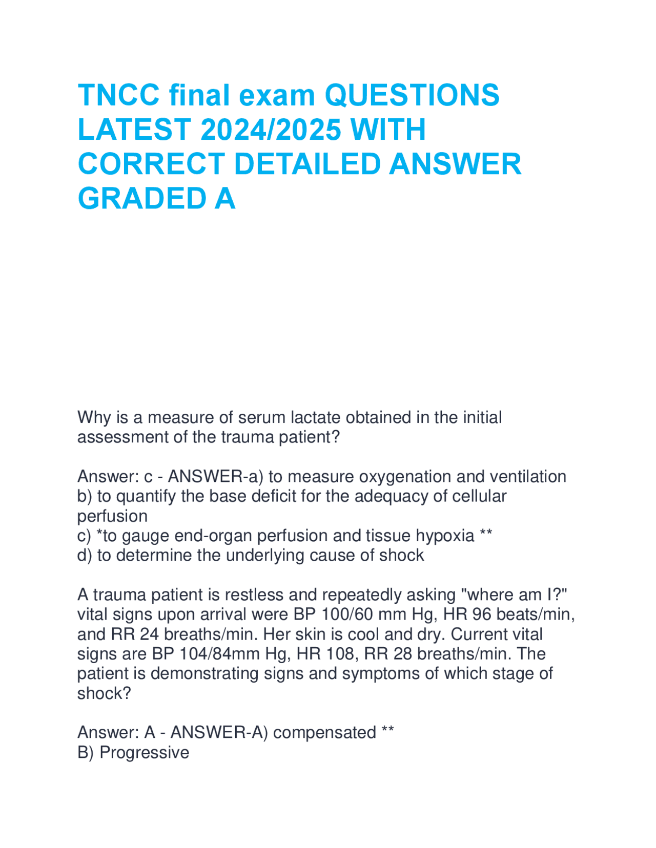 TNCC Final Exam Questions and Answers: A Comprehensive Review of Trauma ...
