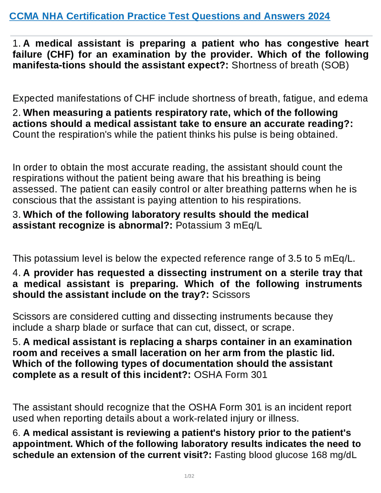 CCMA NHA Certification Practice Test Questions and Answers 2024 | Exams ...