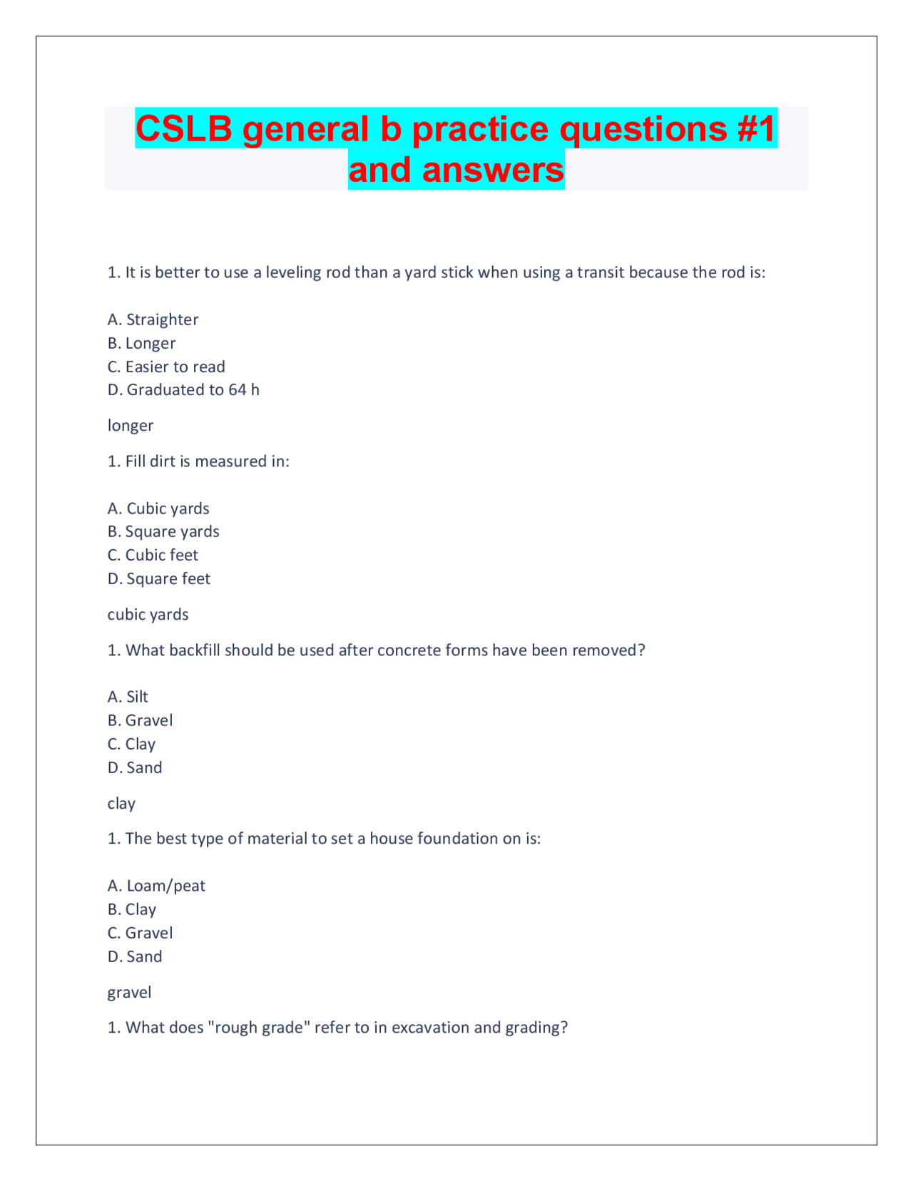 CSLB General B Practice Questions and Answers | Exams Nursing | Docsity