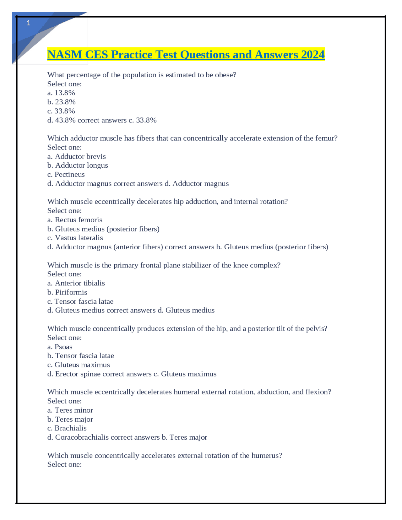 NASM CES Practice Test Questions and Answers 2024 | Exams Nursing | Docsity