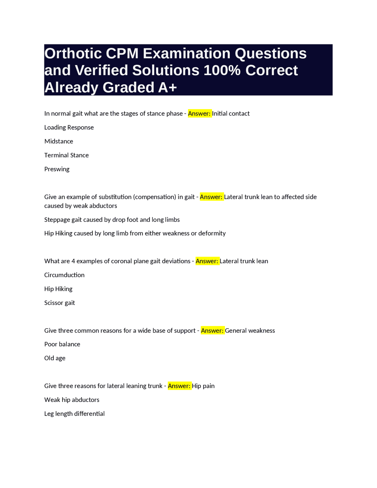 Orthotic CPM Examination Questions and Verified Solutions 100% Correct ...
