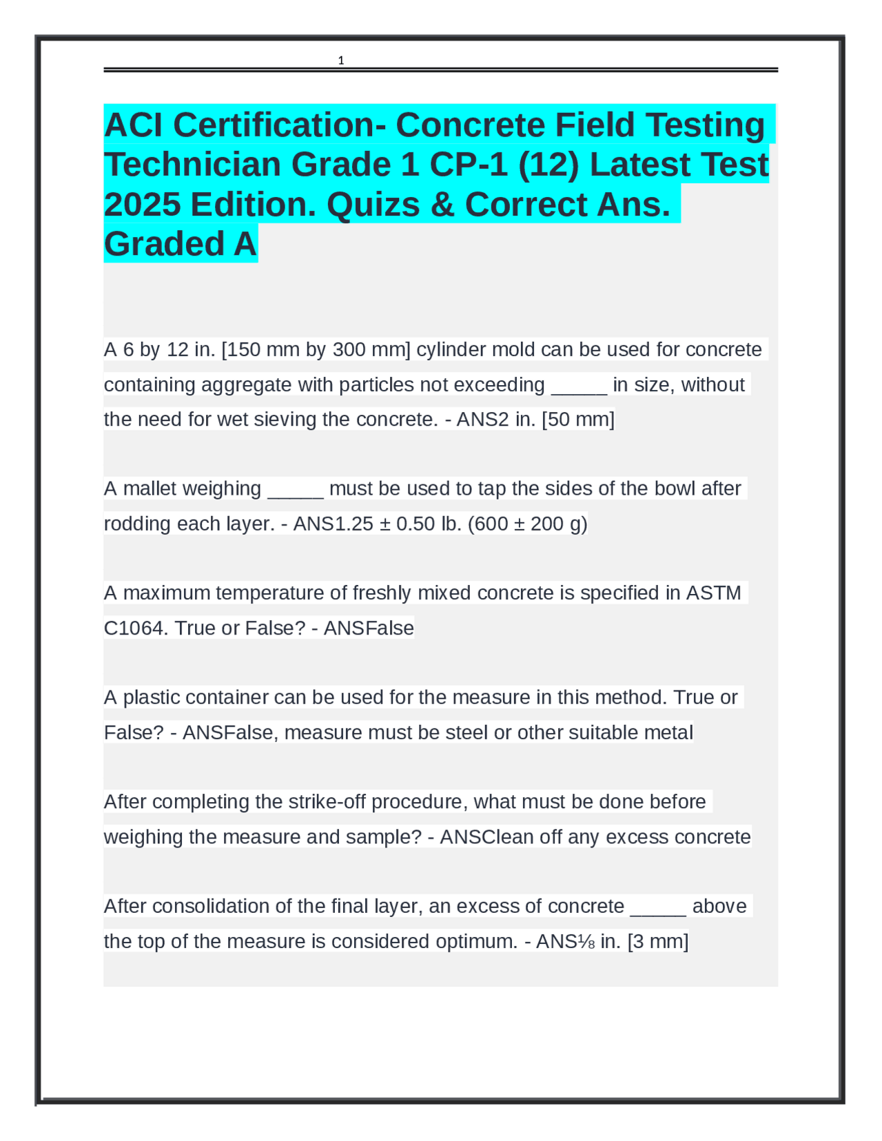 ACI Certification- Concrete Field Testing Technician Grade 1 CP-1 (12 ...