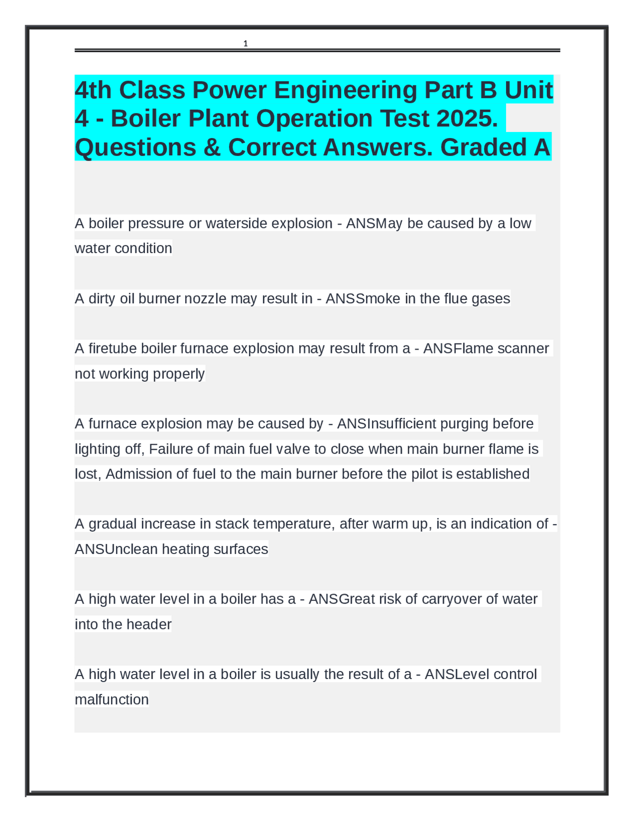 Boiler Plant Operation Test: Questions and Answers for 4th Class Power ...