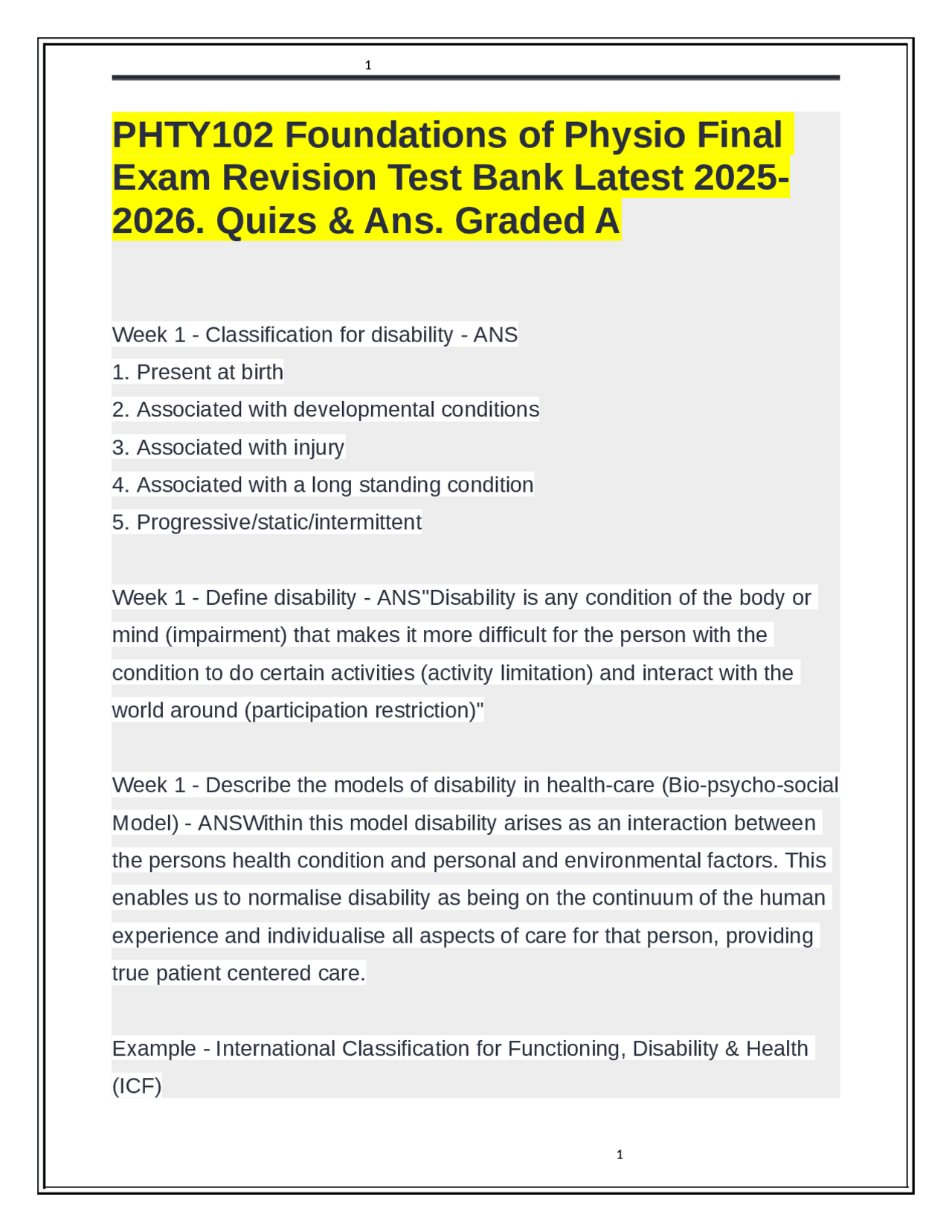 PHTY102 Foundations of Physio Final Exam Revision Test Bank Latest 2025 ...
