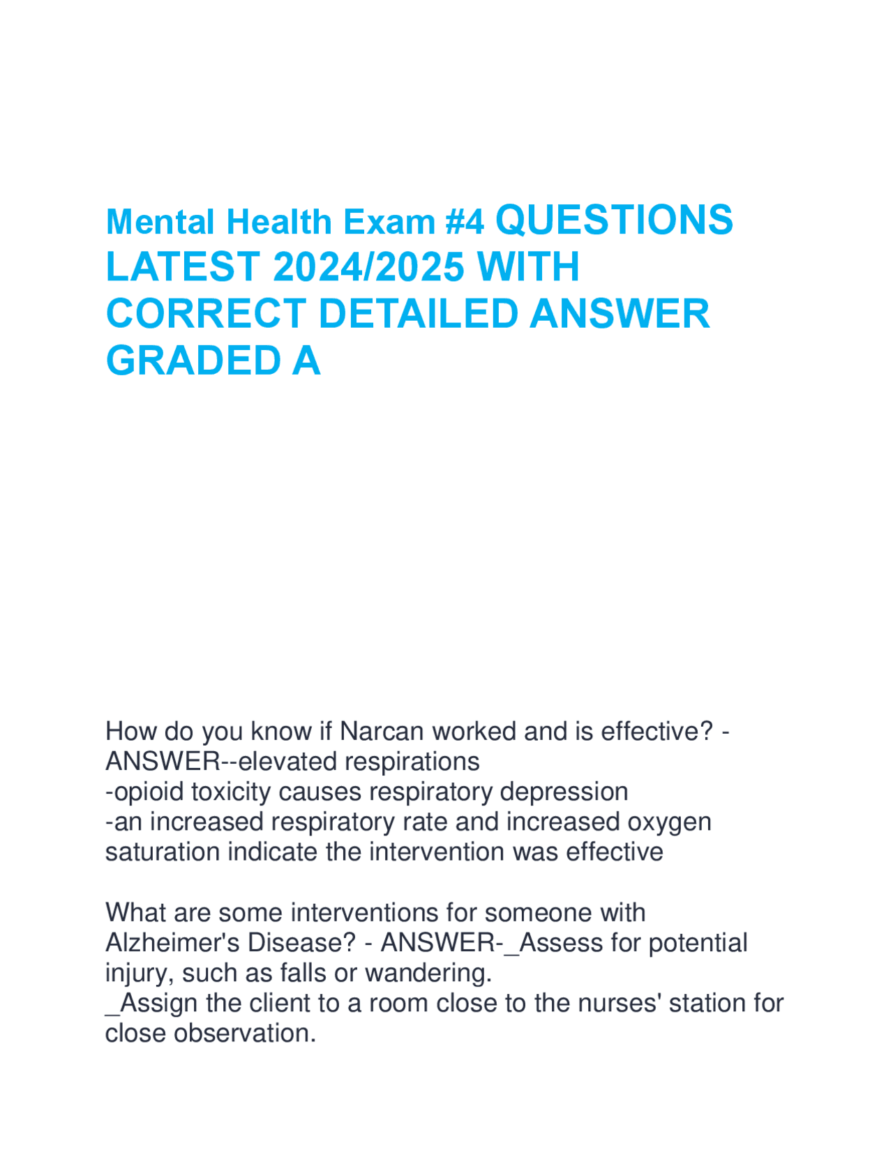 Mental Health Exam #4 Questions and Answers: A Comprehensive Guide for ...