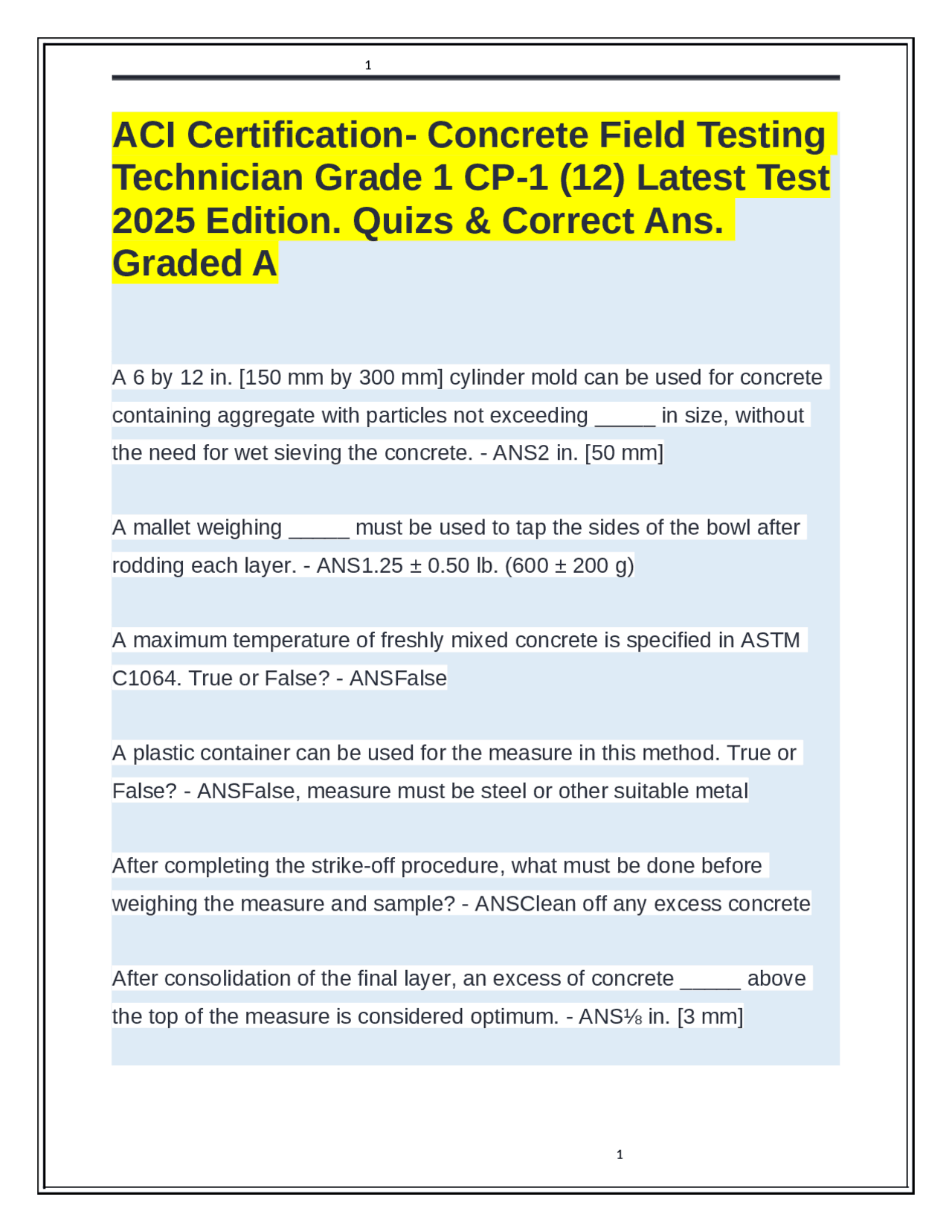 ACI Certification- Concrete Field Testing Technician Grade 1 CP-1 (12 ...