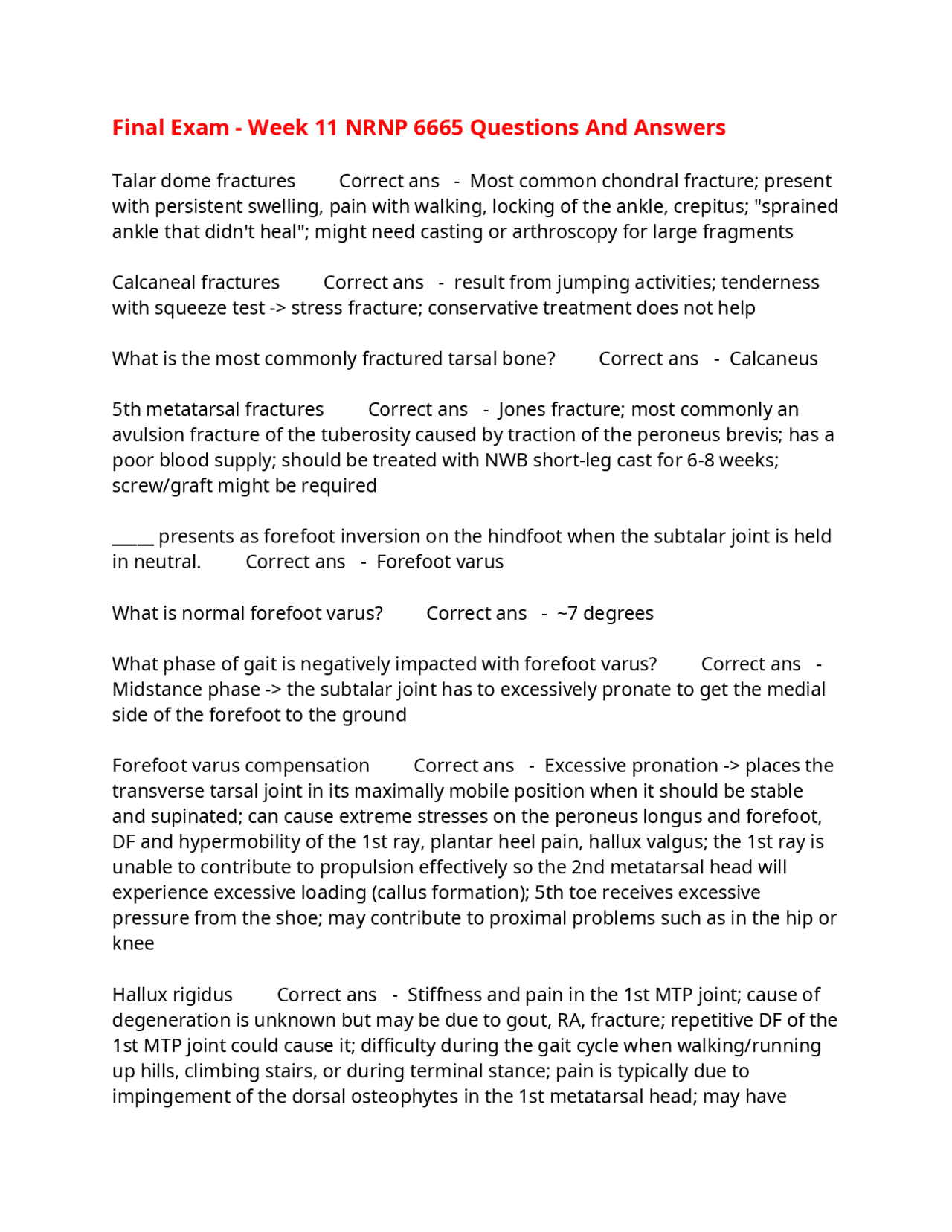 Foot and Ankle Anatomy and Pathology: Final Exam Questions and Answers ...