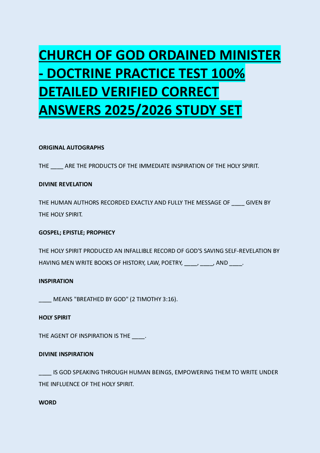 CHURCH OF GOD ORDAINED MINISTER - DOCTRINE PRACTICE TEST 100% DETAILED ...