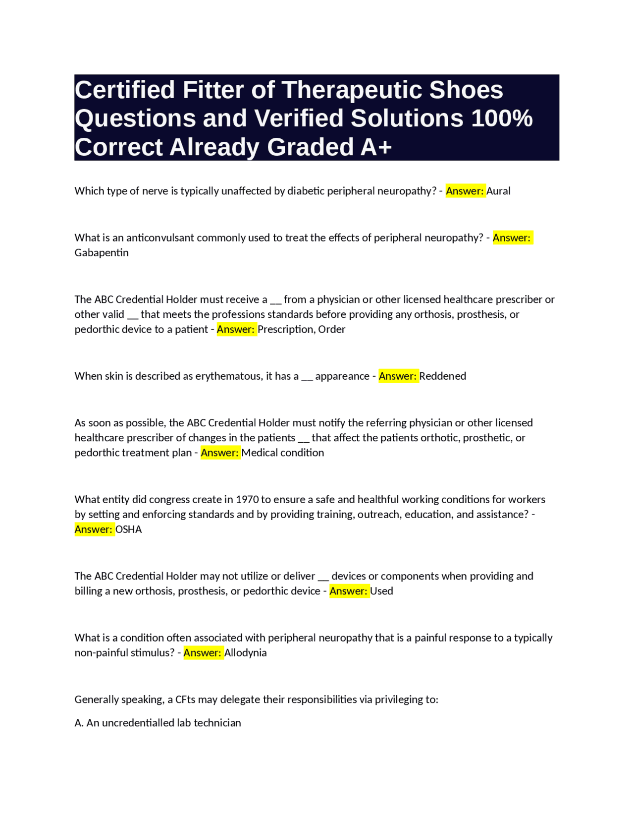 Certified Fitter of Therapeutic Shoes Questions and Verified Solutions ...