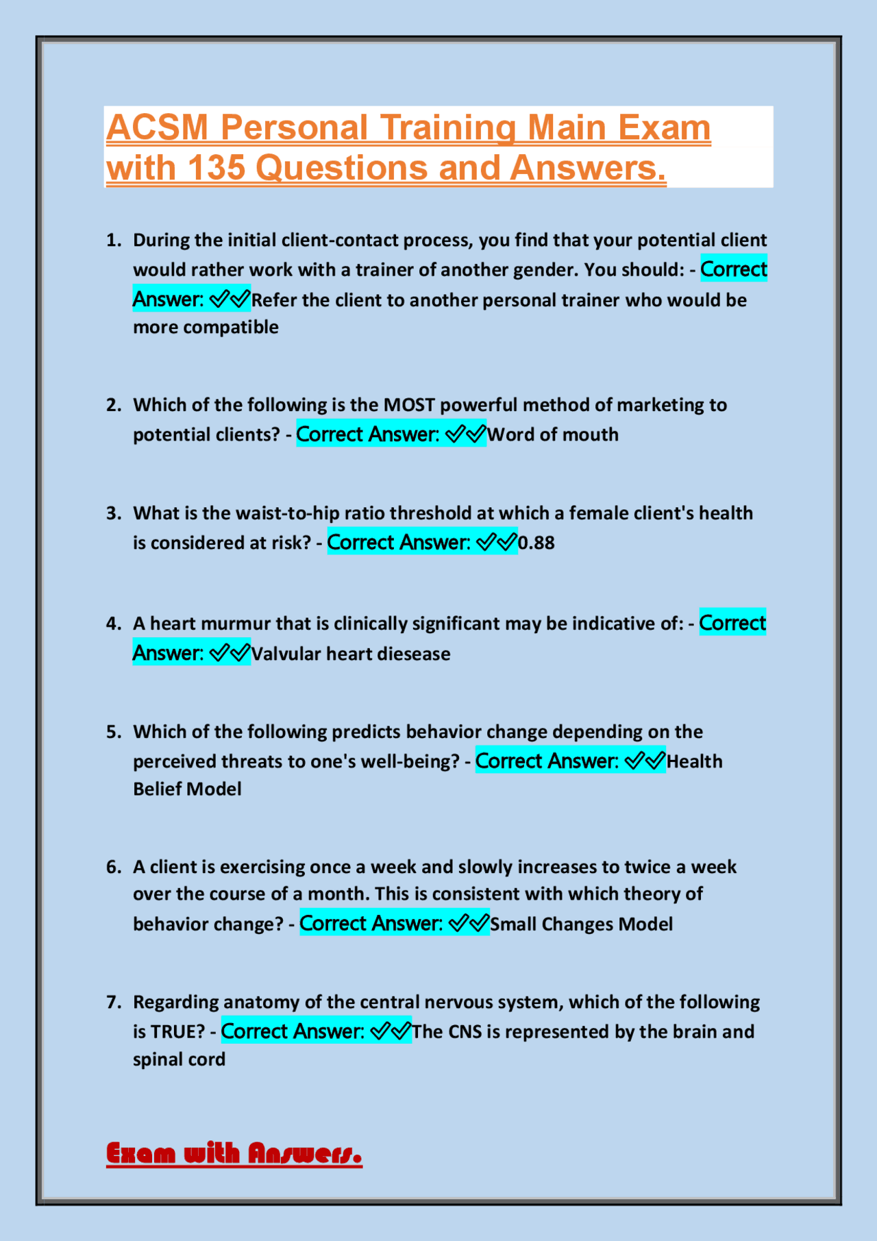 ACSM Personal Training Main Exam: 135 Questions and Answers | Exams ...