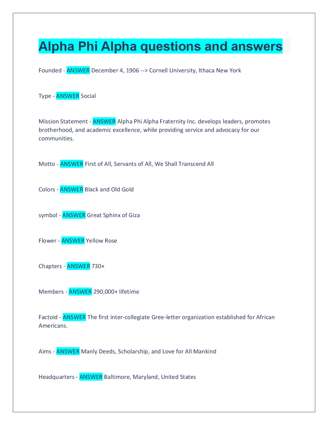 Alpha Phi Alpha questions and answers | Exams Nursing | Docsity