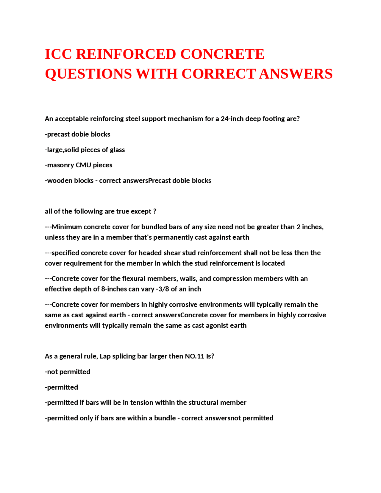 ICC REINFORCED CONCRETE QUESTIONS WITH CORRECT ANSWERS. | Exams Nursing ...