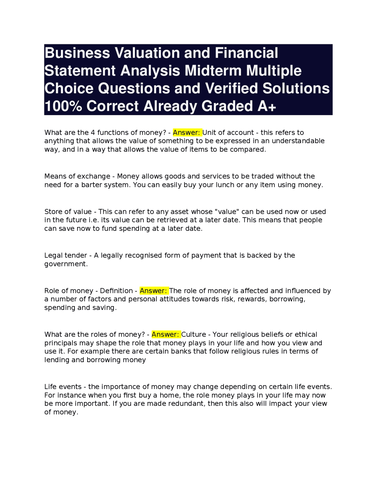 Business Valuation & Financial Statement Analysis Midterm MCQ Solutions ...