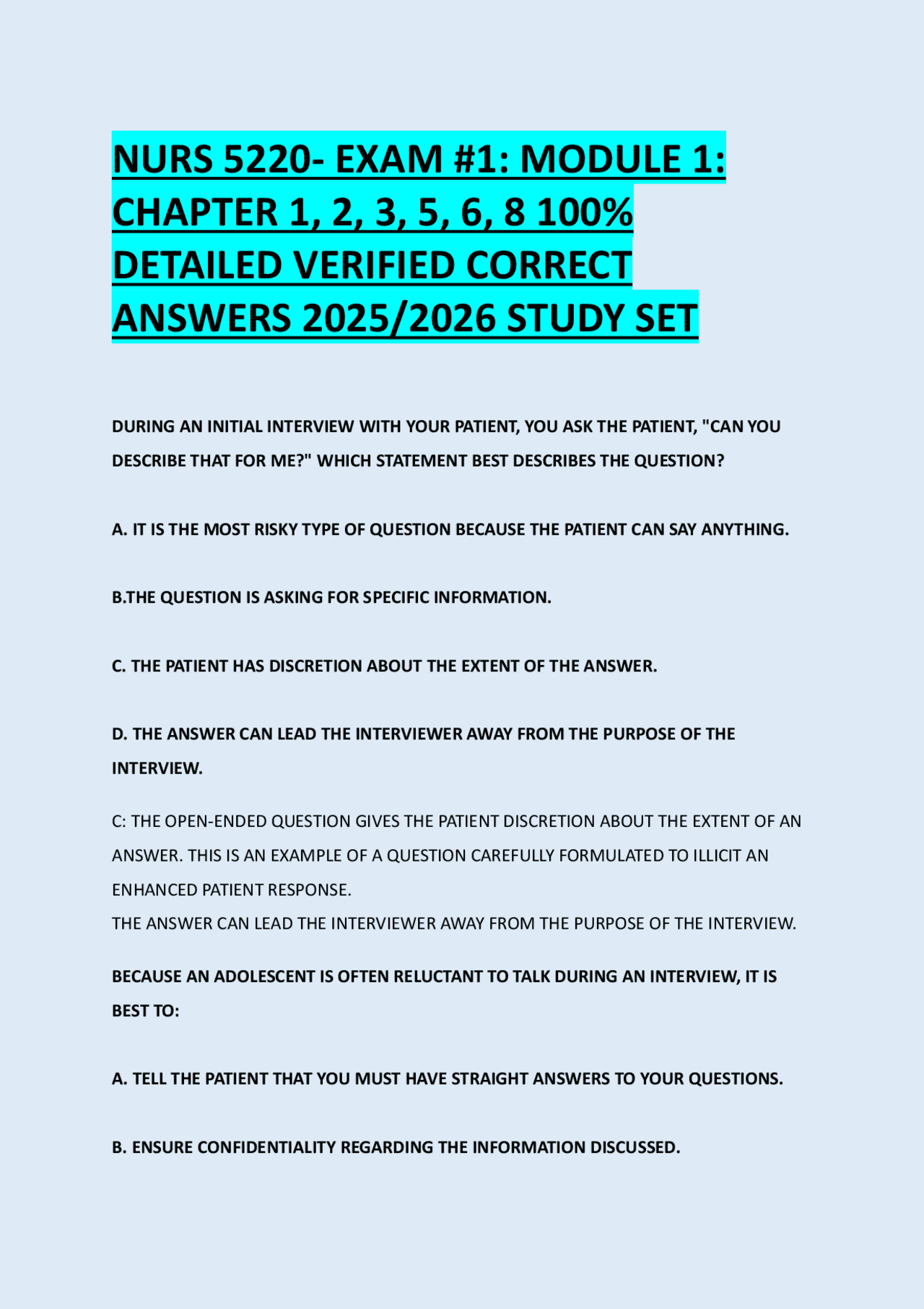 NURS 5220- EXAM #1: MODULE 1: CHAPTER 1, 2, 3, 5, 6, 8 100% DETAILED ...