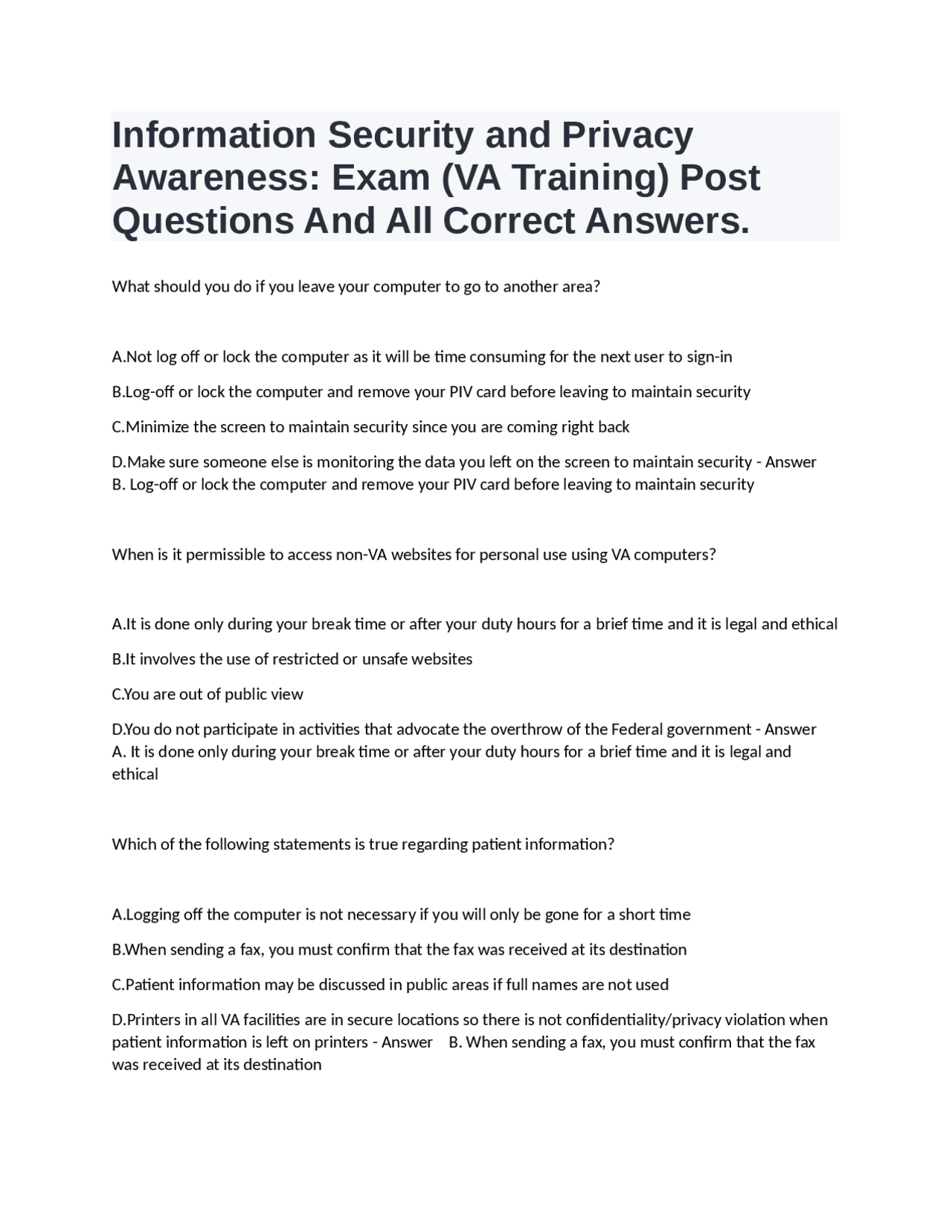 (VA Training) Post Questions And All Correct Answers. | Exams Advanced ...