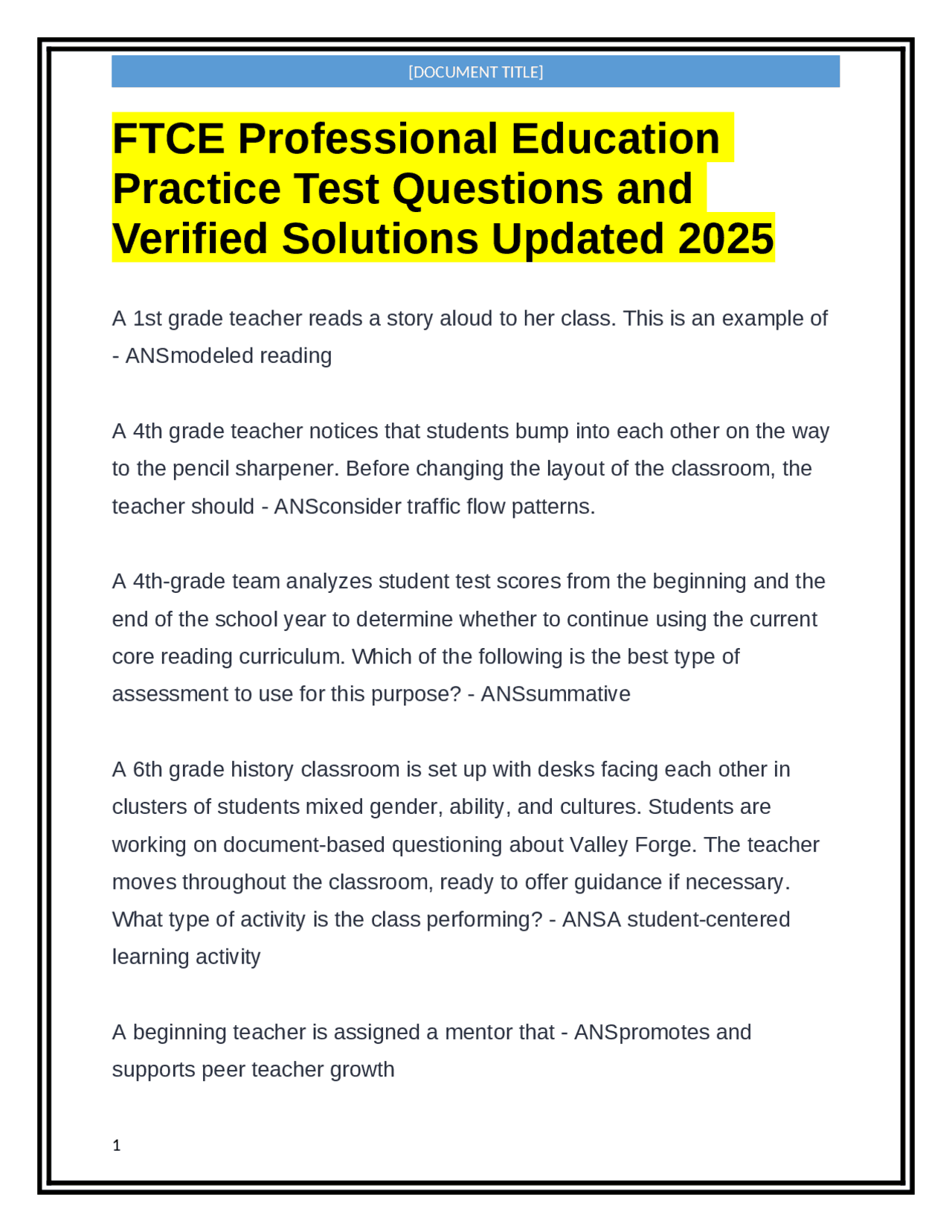 FTCE Professional Education Practice Test Questions and Verified ...