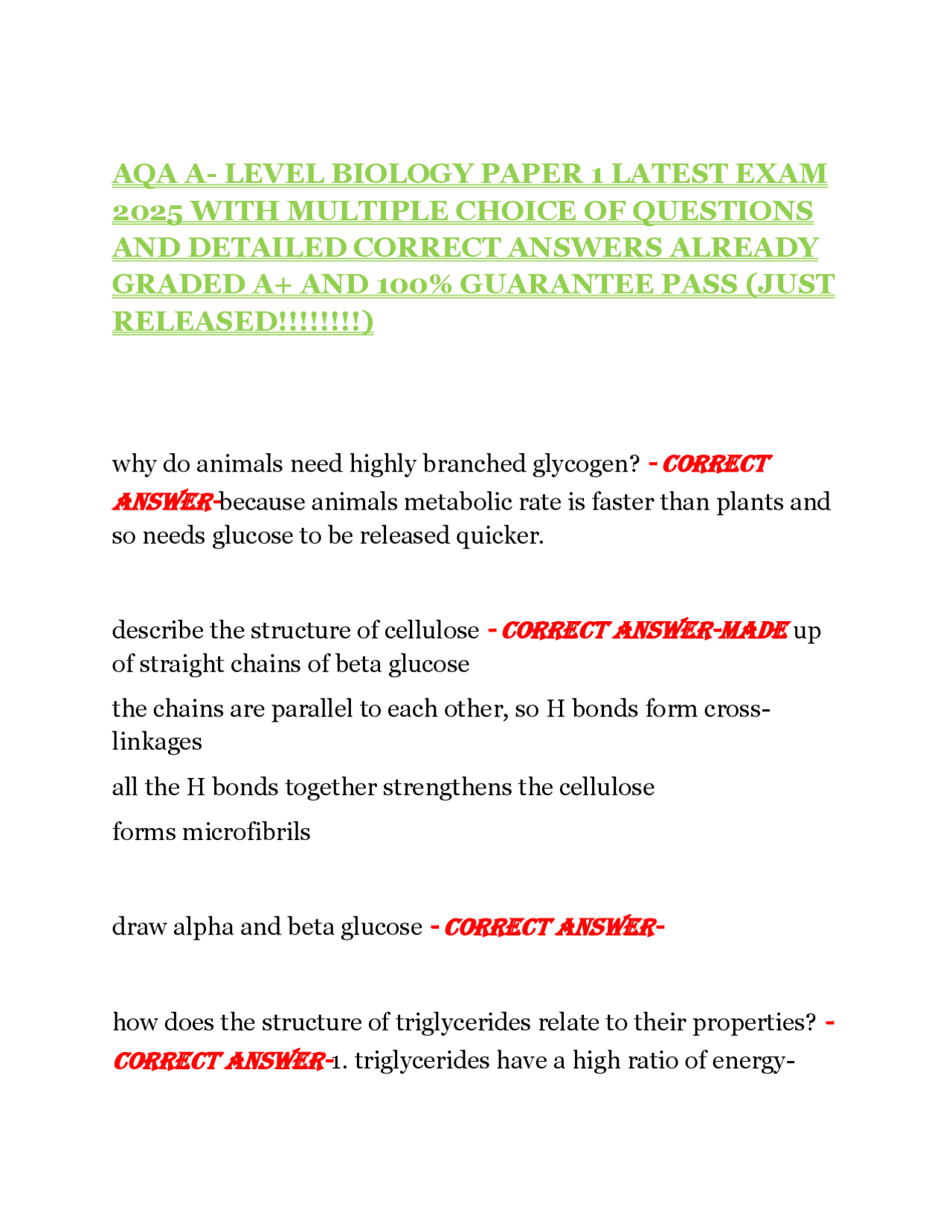 AQA A- LEVEL BIOLOGY PAPER 1 LATEST EXAM 2025 WITH CHOICE OF QUESTIONS ...