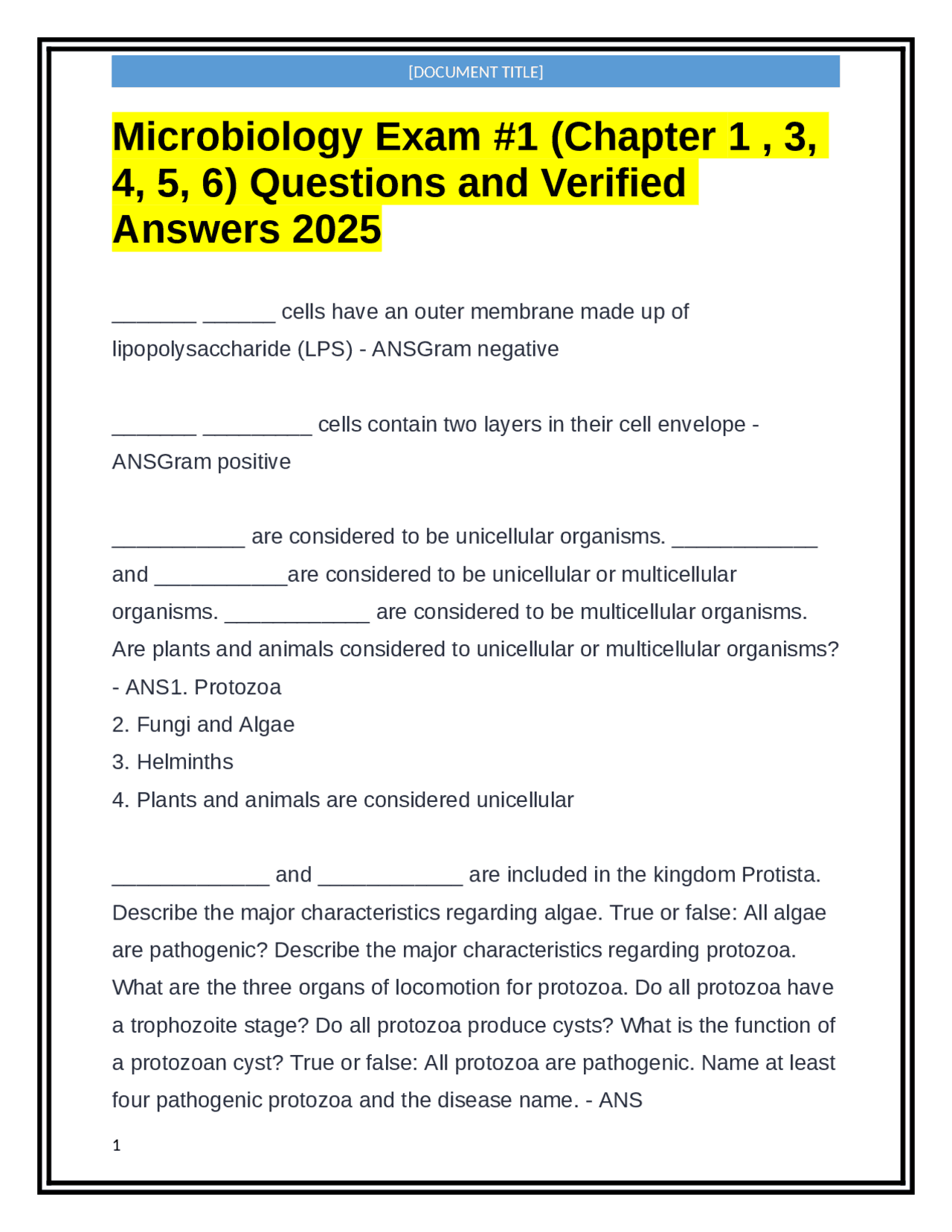 Microbiology Exam #1: Questions and Answers (Chapters 1, 3, 4, 5, 6) | Exams Microbiology | Docsity