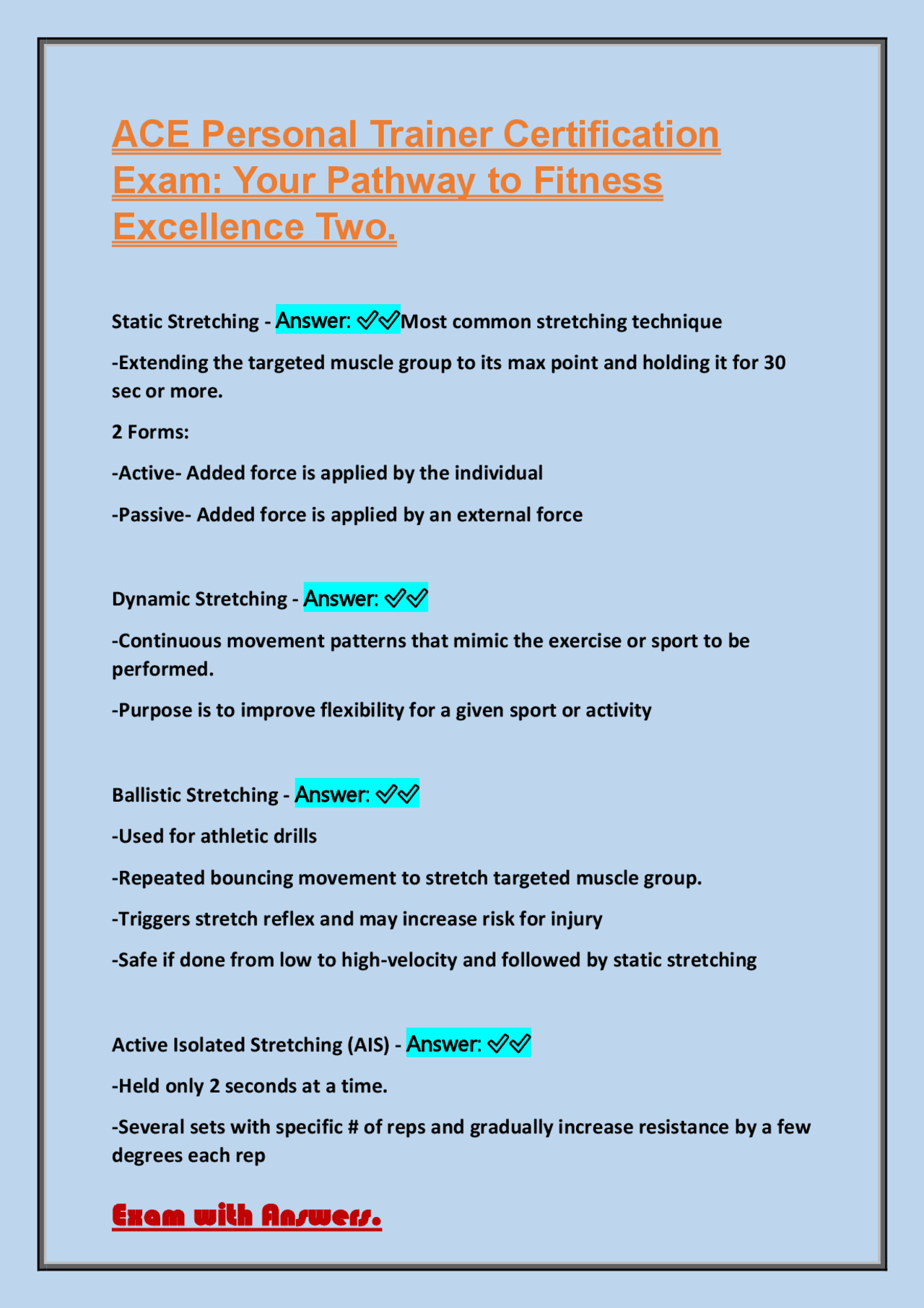 ACE Personal Trainer Certification Exam: Your Pathway to Fitness Excellence Two. | Exams ...