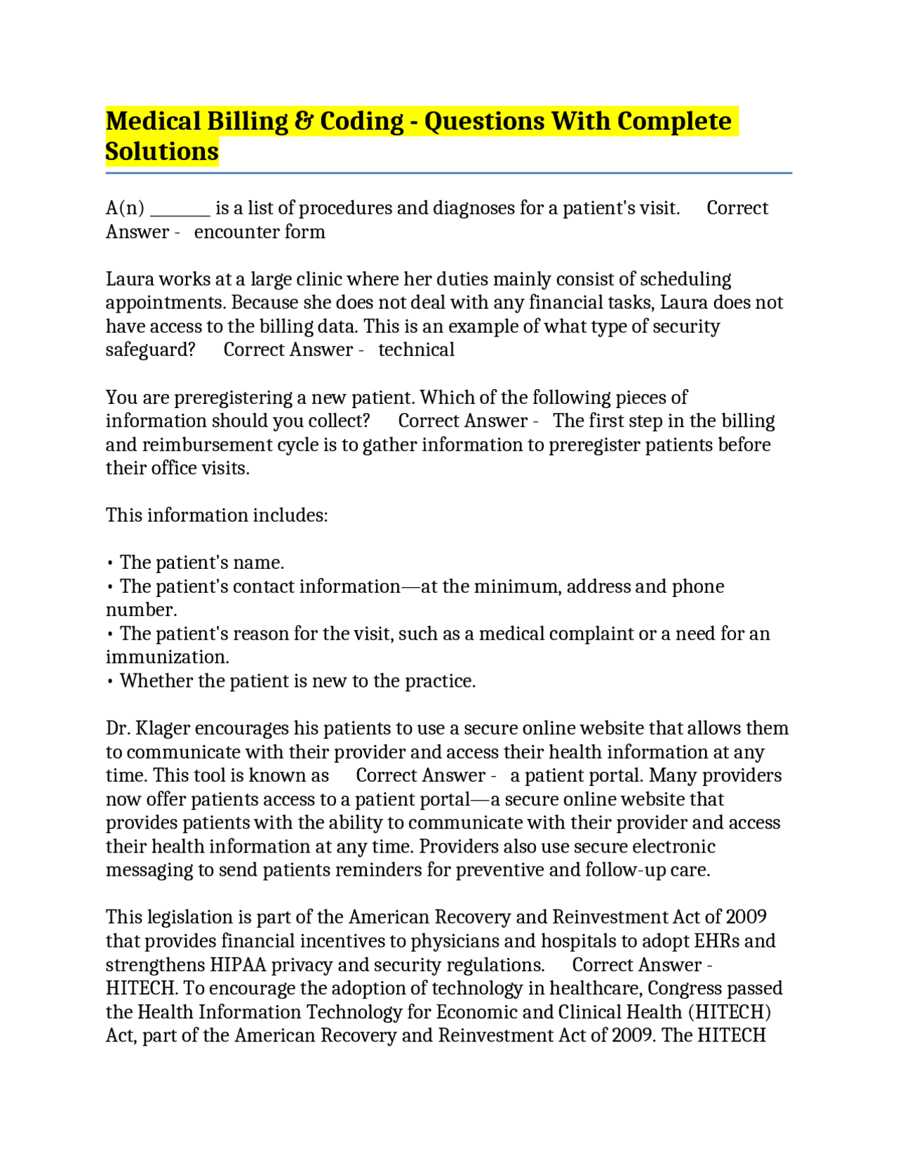 Medical Billing & Coding: Questions and Answers | Exams Nursing | Docsity