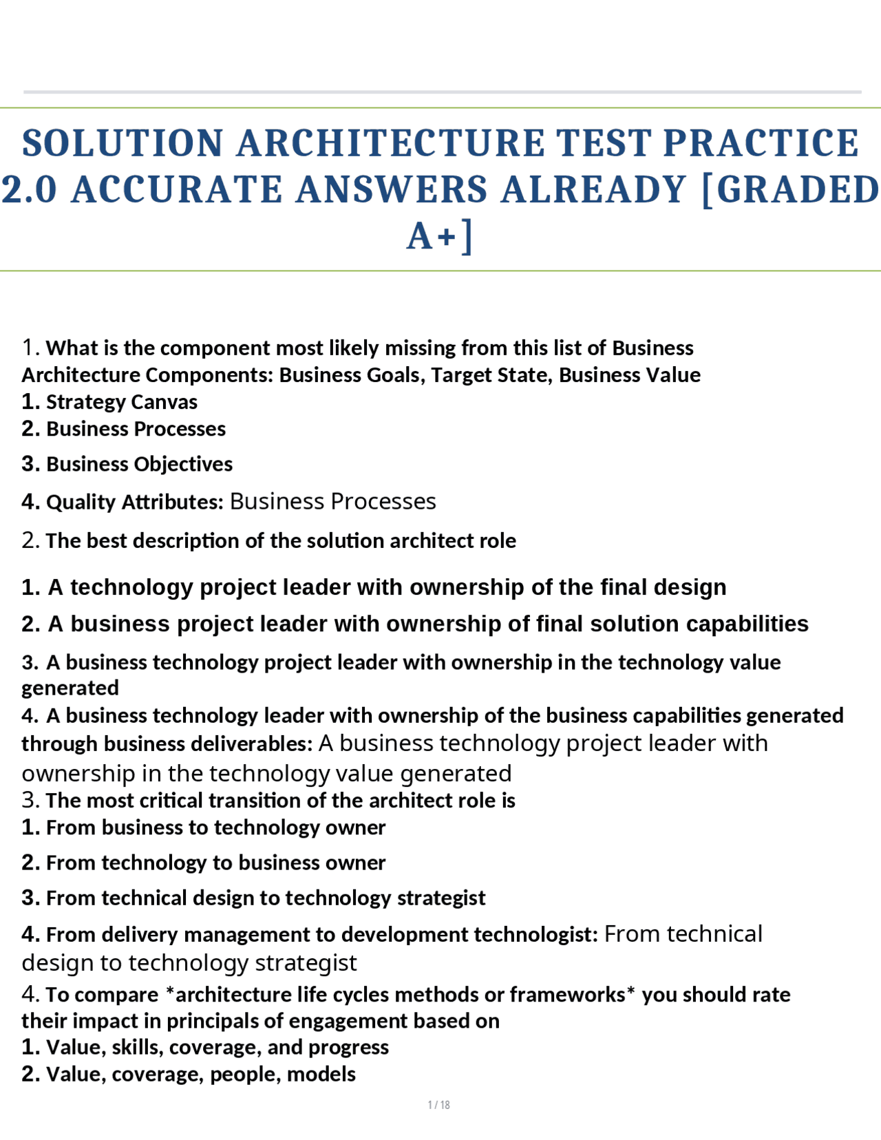 SOLUTION ARCHITECTURE TEST PRACTICE 2.0 ACCURATE ANSWERS ALREADY ...