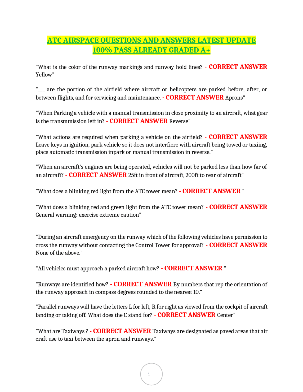 ATC AIRSPACE QUESTIONS AND ANSWERS | Exams Control Systems | Docsity