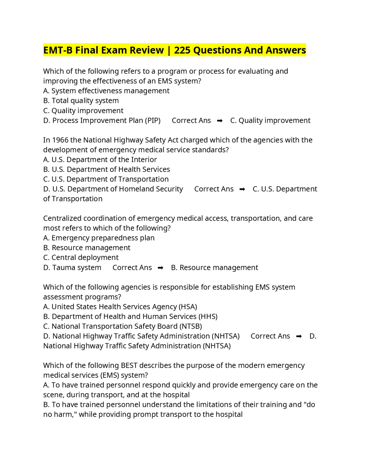 EMT-B Final Exam Review | 225 Questions And Answers | Exams Nursing ...