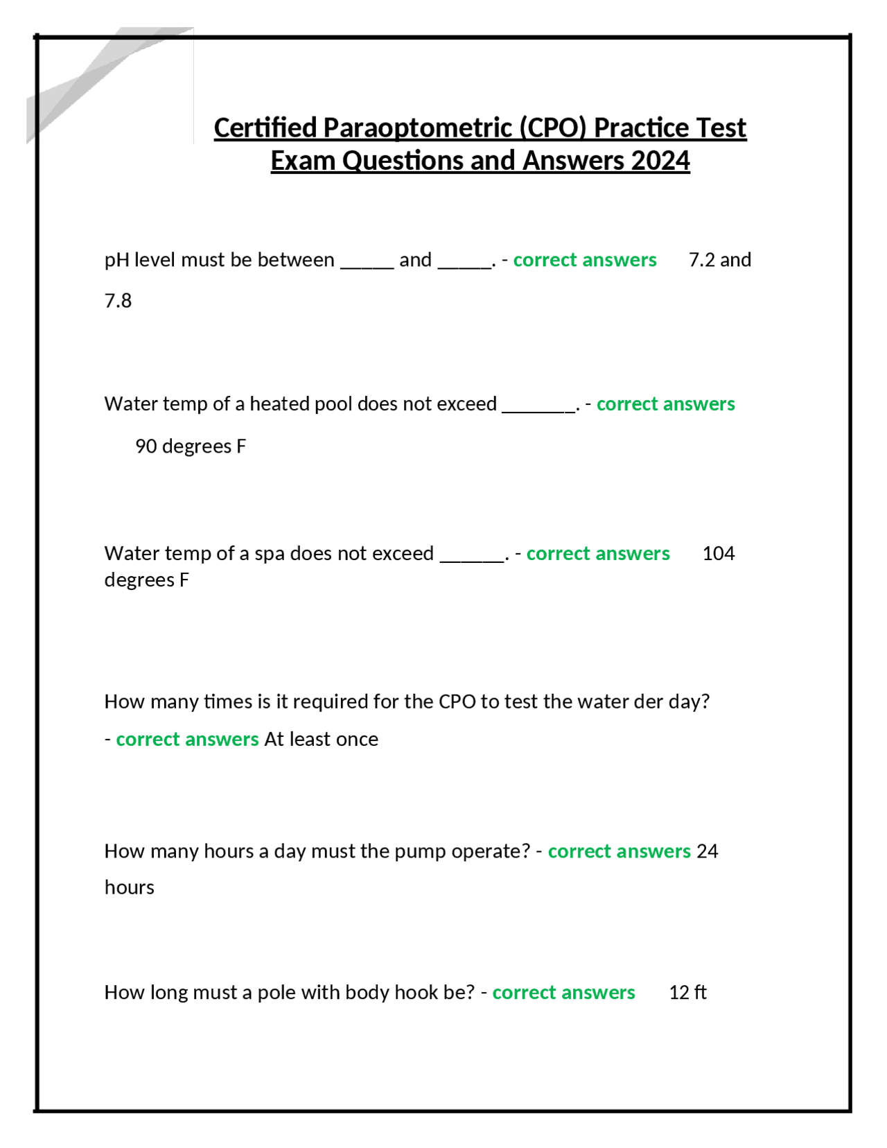 CPO Practice Test: Pool Safety and Maintenance Q&A | Exams Nursing ...