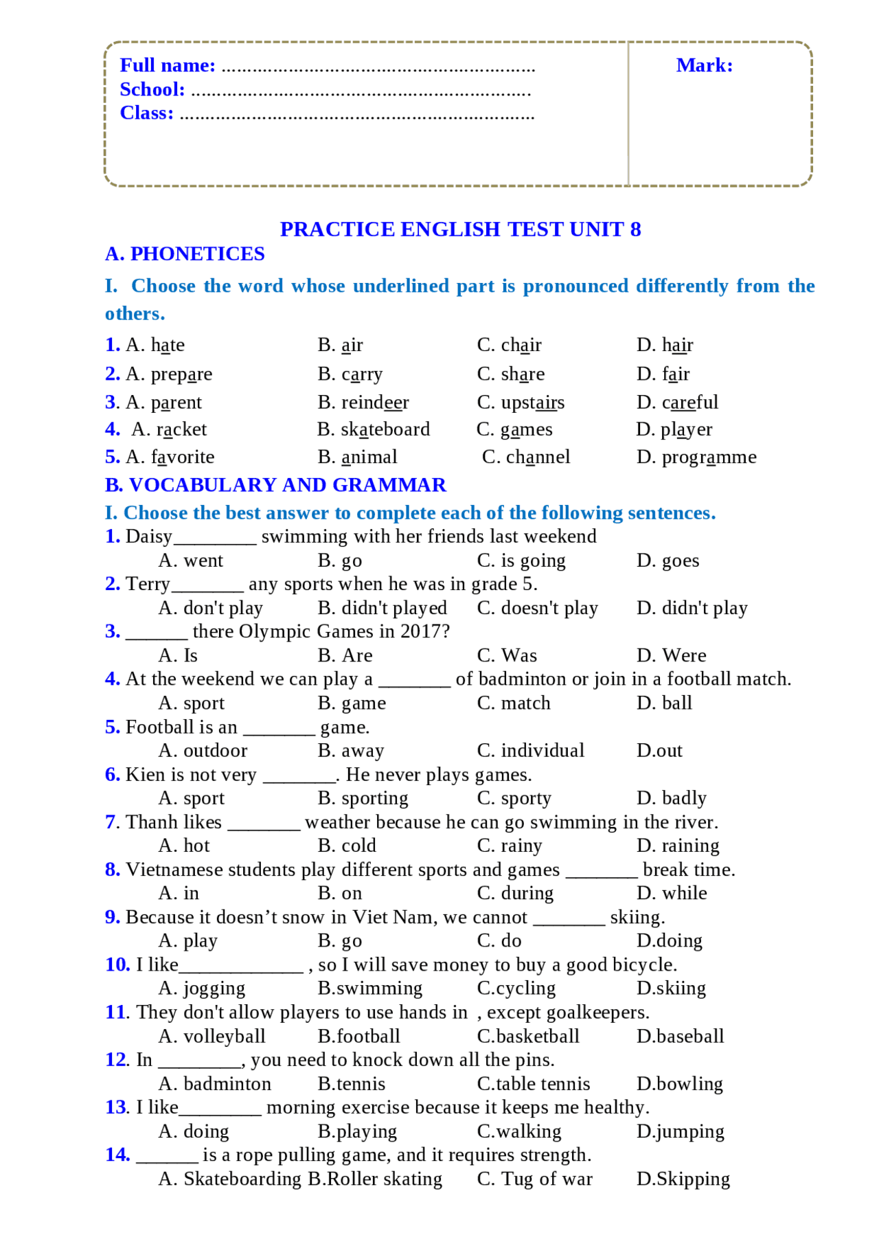 unit 8 grade 8 practice | Exercises English | Docsity