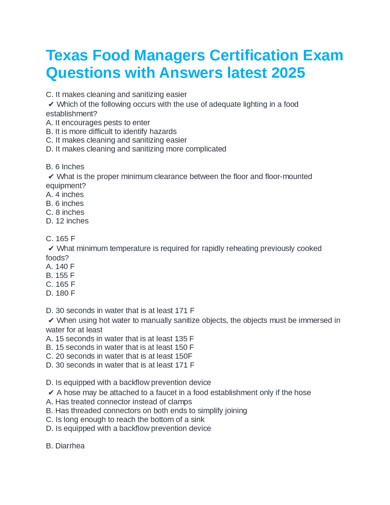 Texas Food Managers Certification Exam Questions with Answers latest ...