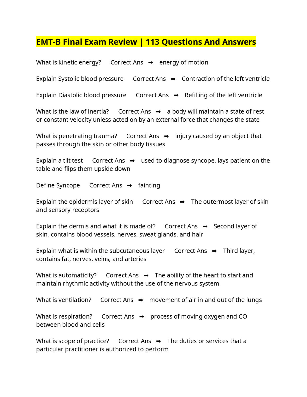 EMT-B Final Exam Review | 113 Questions And Answers | Exams Nursing ...