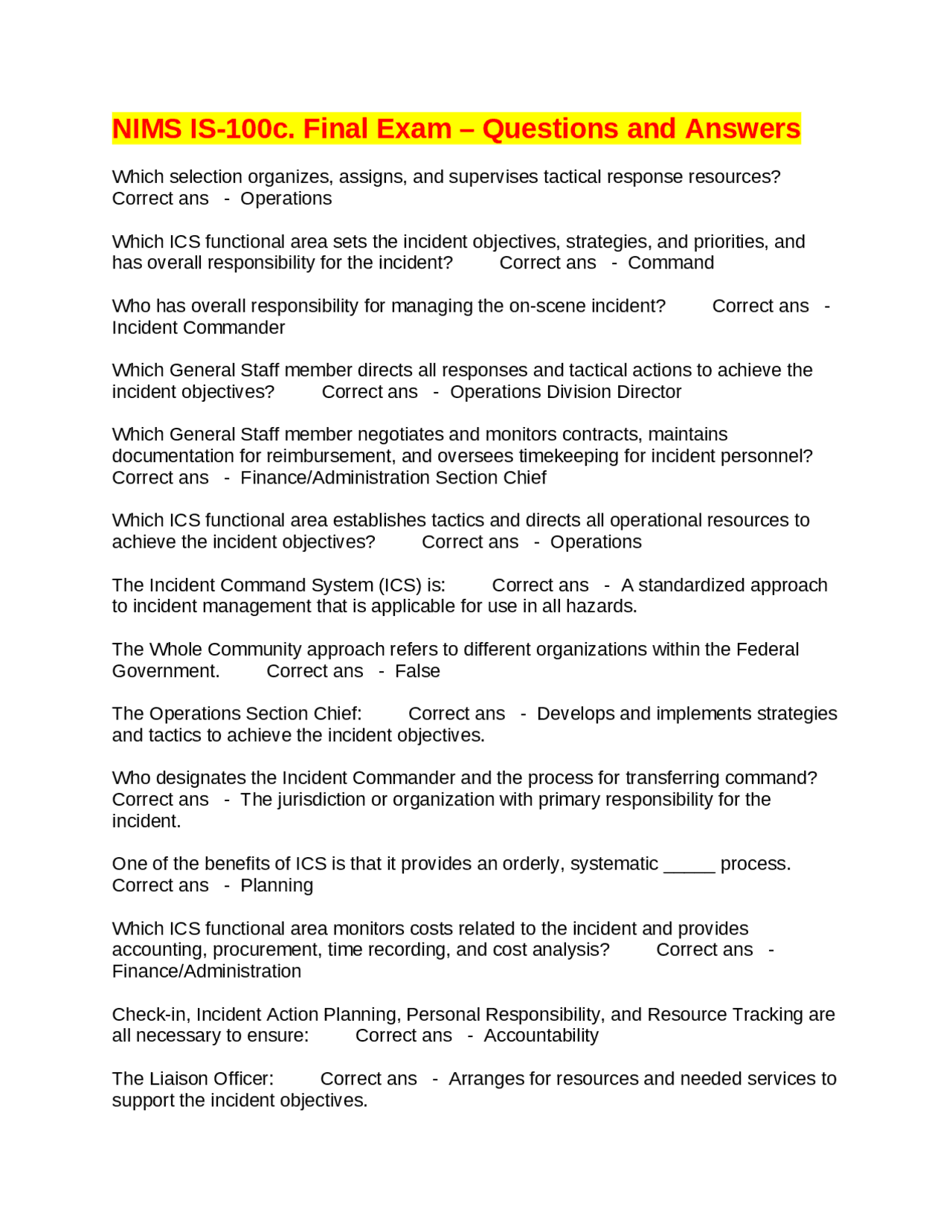 NIMS IS-100c. Final Exam – Questions and Answers | Exams Nursing | Docsity