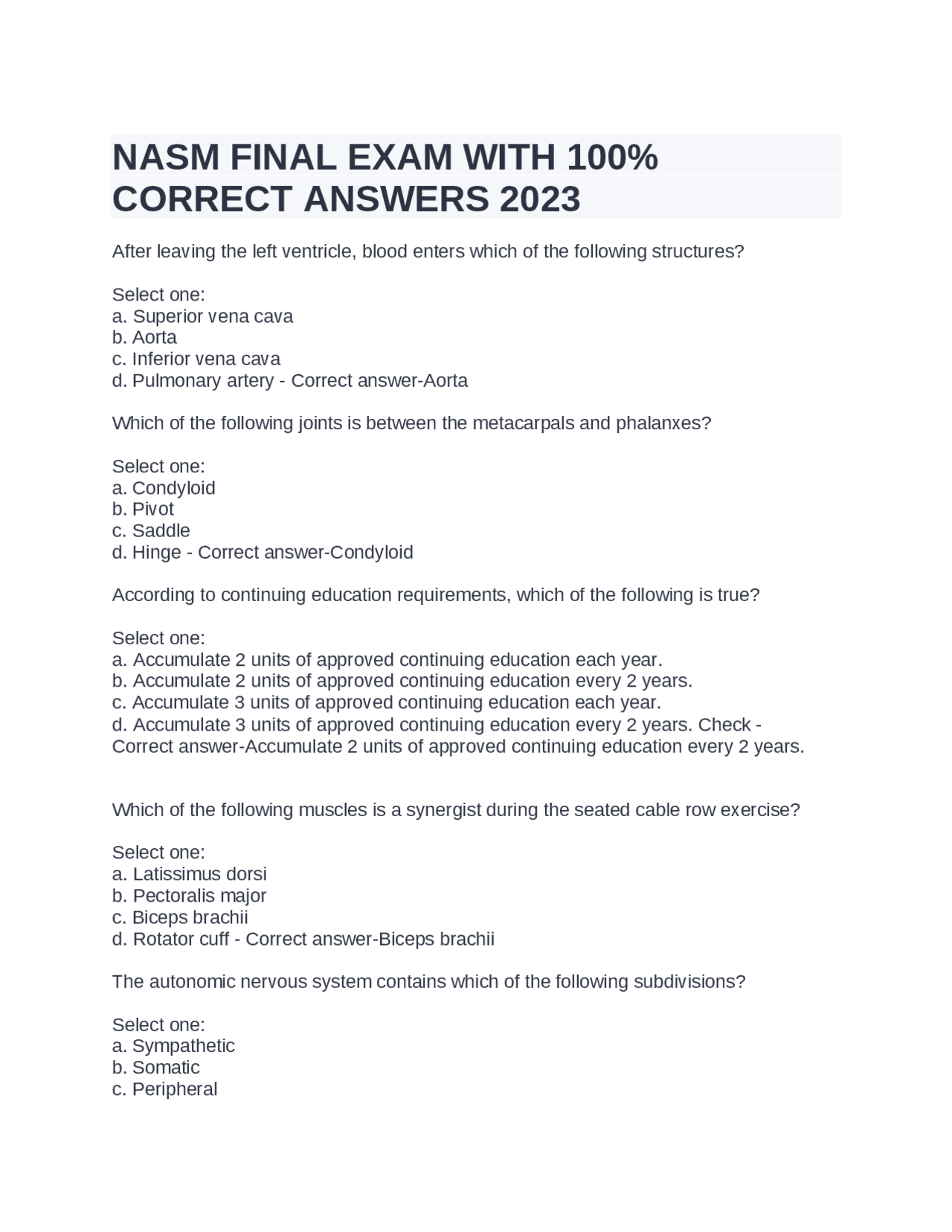 NASM FINAL EXAM WITH 100% CORRECT ANSWERS | Exams Nursing | Docsity