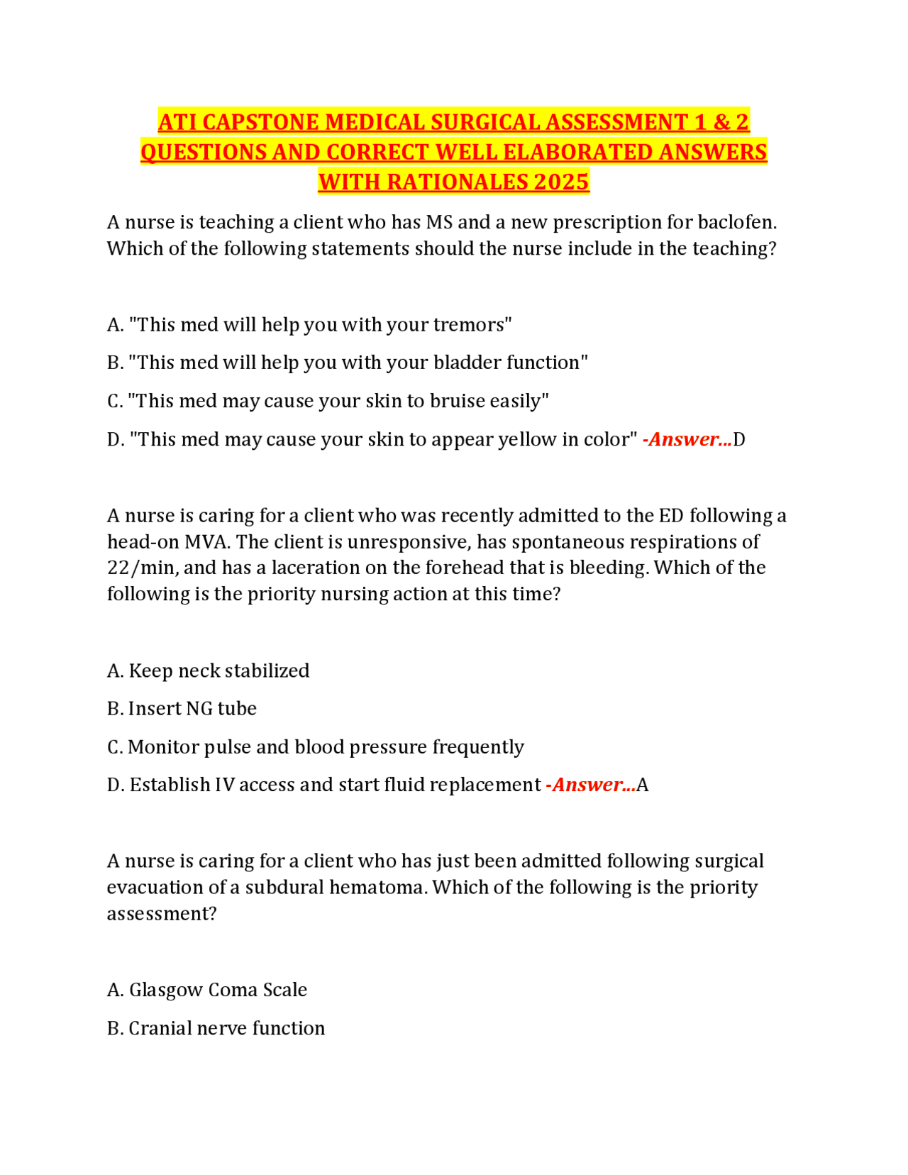ATI CAPSTONE MEDICAL SURGICAL ASSESSMENT 1 & 2 QUESTIONS AND CORRECT WELL ELABORATED ANSWE ...
