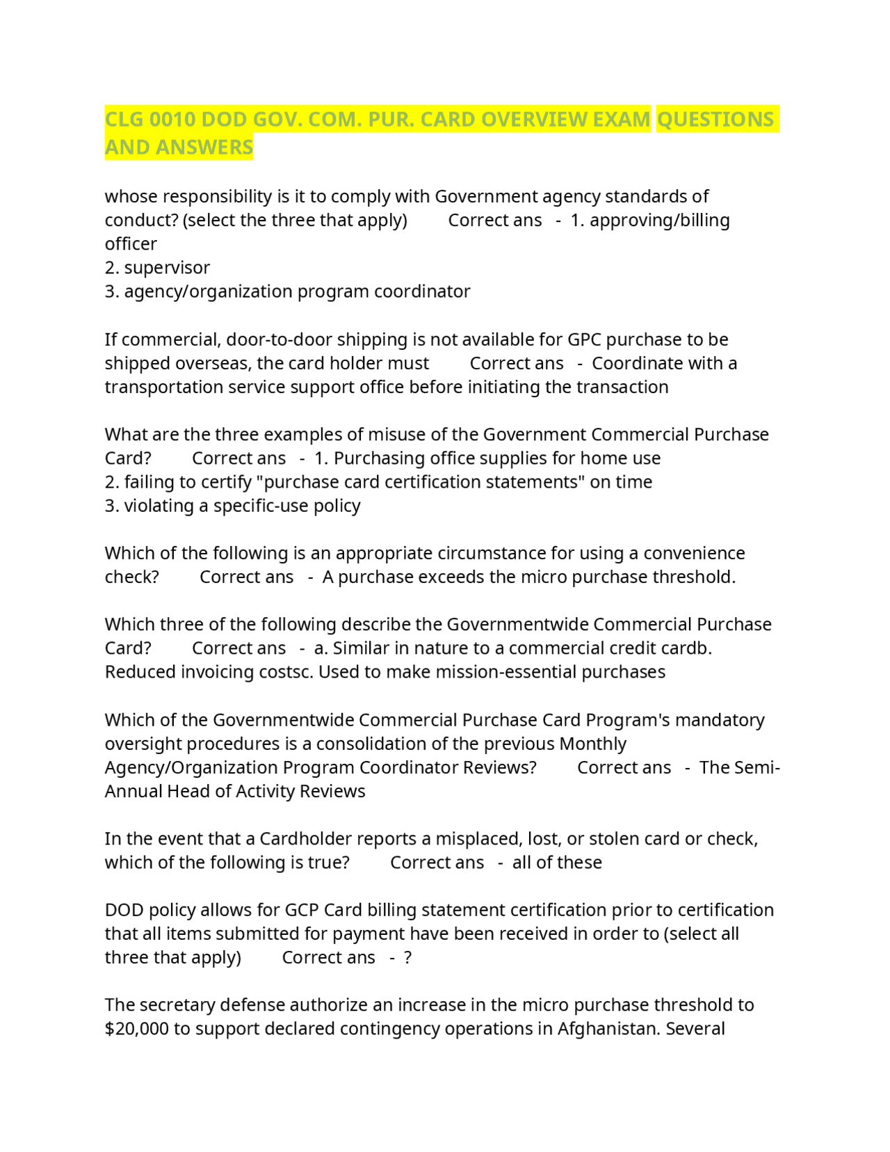 Governmentwide Commercial Purchase Card (GPC) Overview Exam Questions ...
