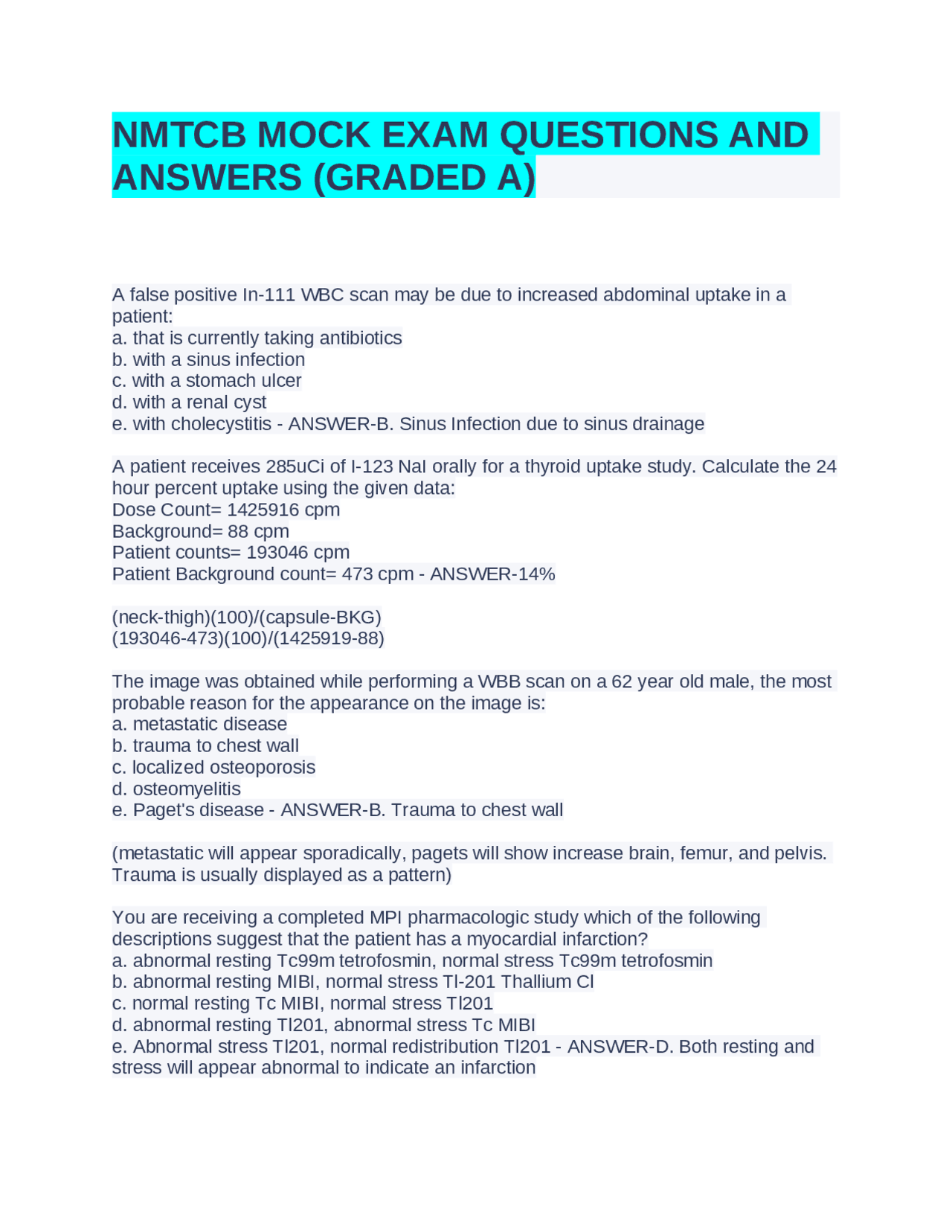 NMTCB MOCK EXAM QUESTIONS AND ANSWERS (GRADED A) | Exams Nursing | Docsity
