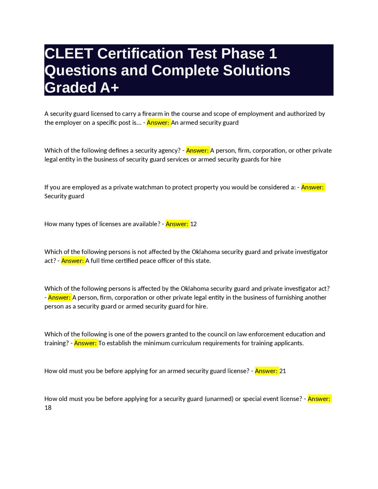 CLEET Certification Test Phase 1 Questions and Complete Solutions ...