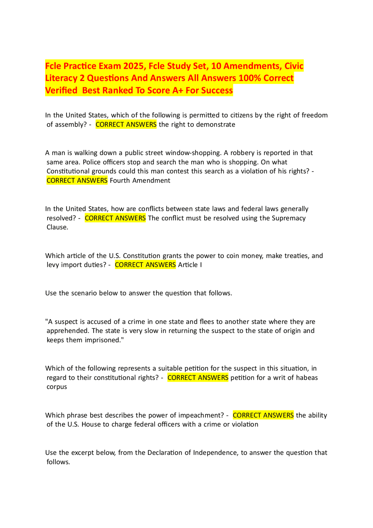 Fcle Practice Exam 2025, Fcle Study Set, 10 Amendments, Civic Literacy ...