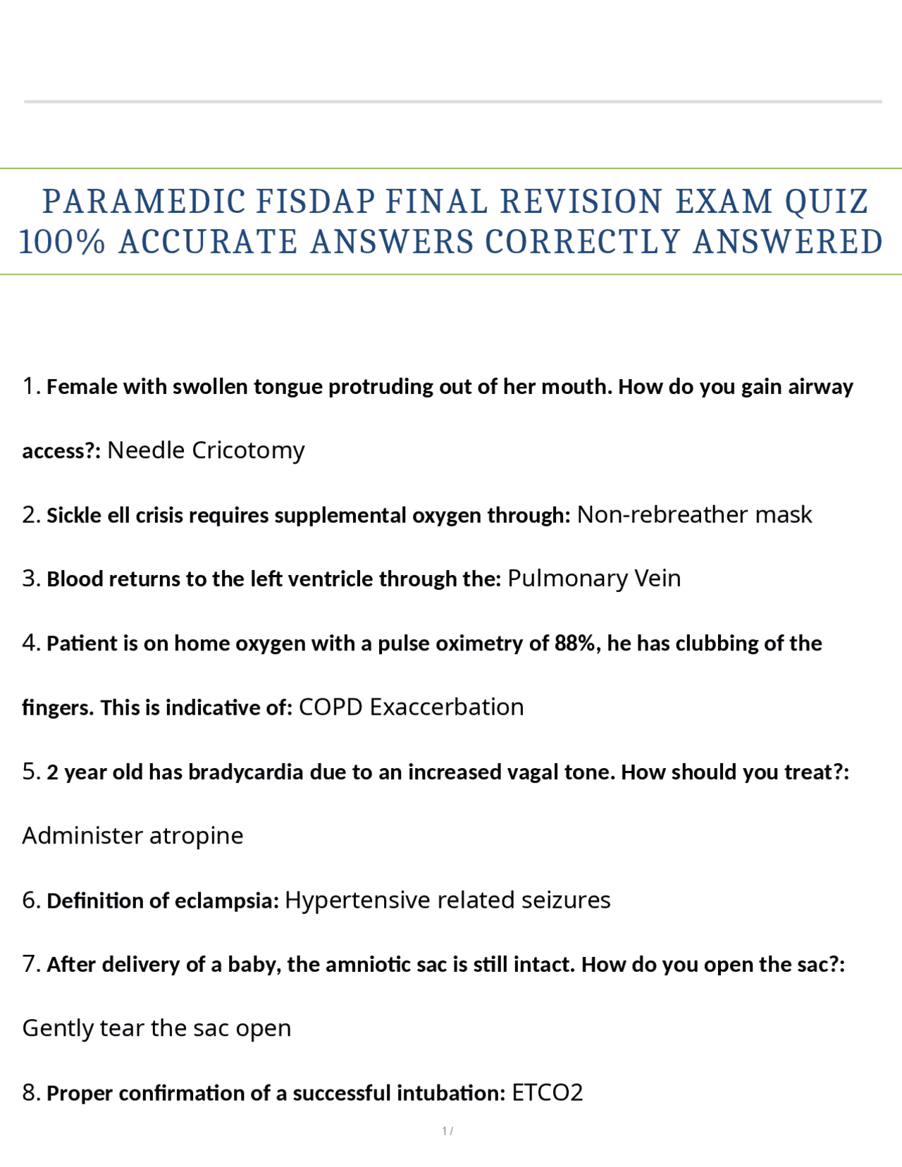 PARAMEDIC FISDAP FINAL REVISION EXAM QUIZ 100% ACCURATE ANSWERS ...