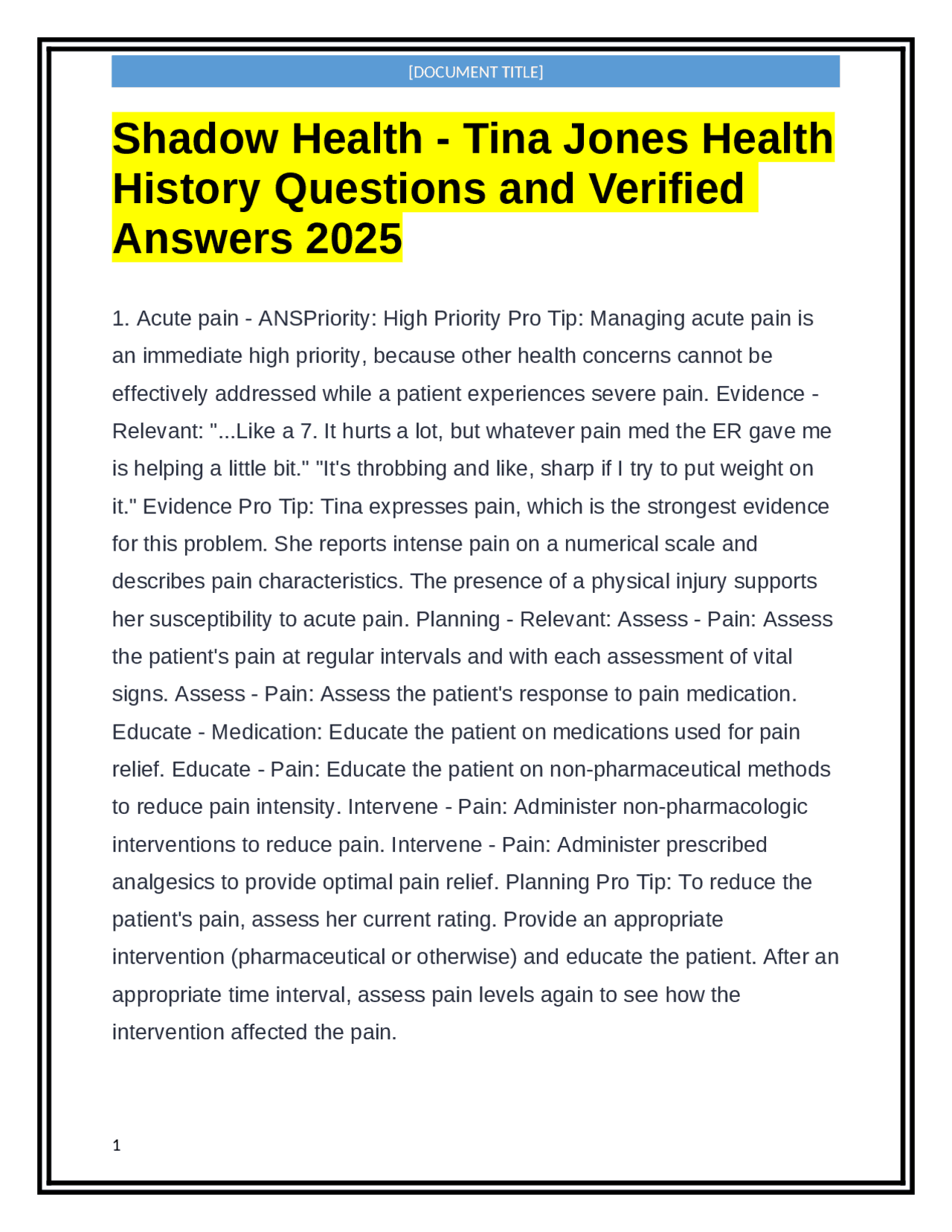 Shadow Health - Tina Jones Health History Questions and Verified ...