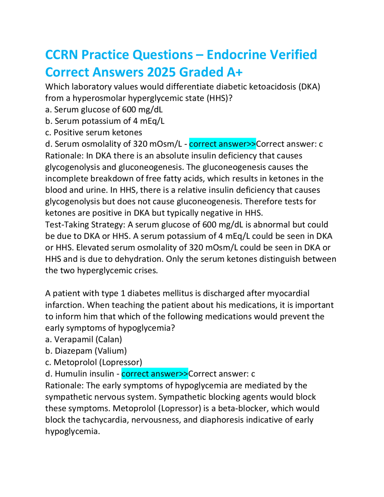 CCRN Practice Questions – Endocrine Verified Correct Answers 2025 ...