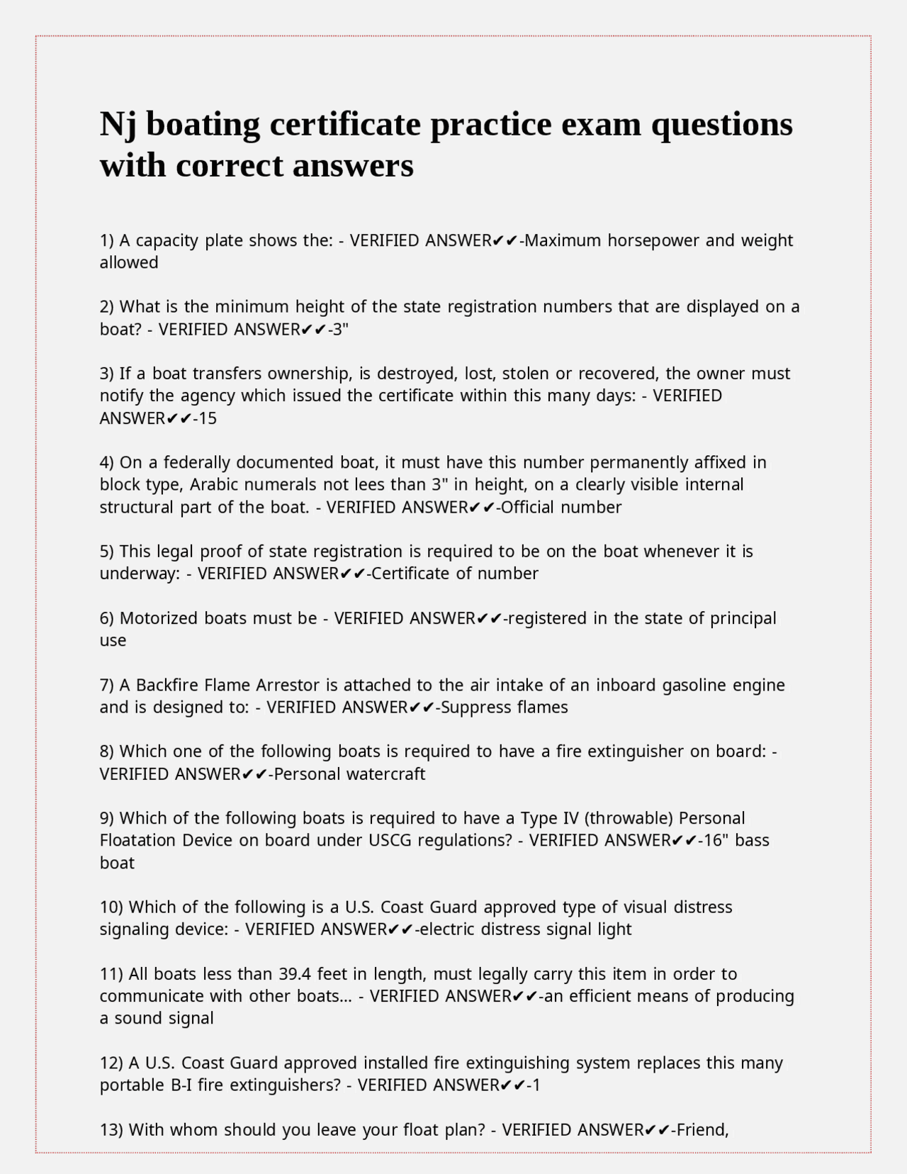 Nj boating certificate practice exam questions with correct answers ...