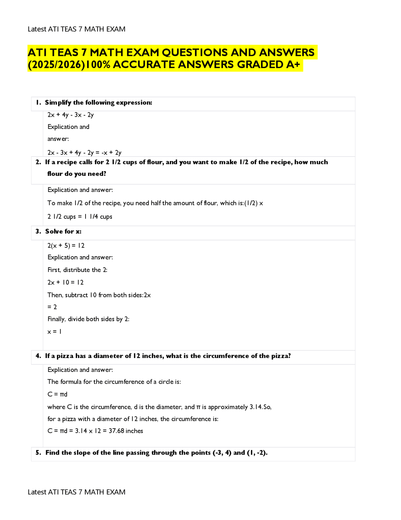 ATI TEAS 7 MATH EXAM QUESTIONS AND ANSWERS (2025/2026)100% ACCURATE ...