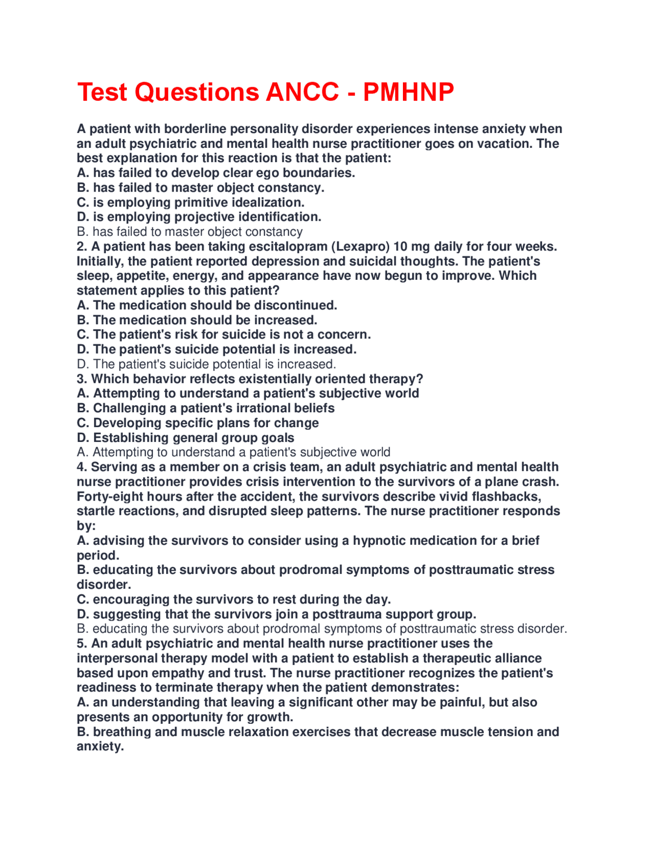 Test Questions ANCC - PMHNP | Exams Nursing | Docsity