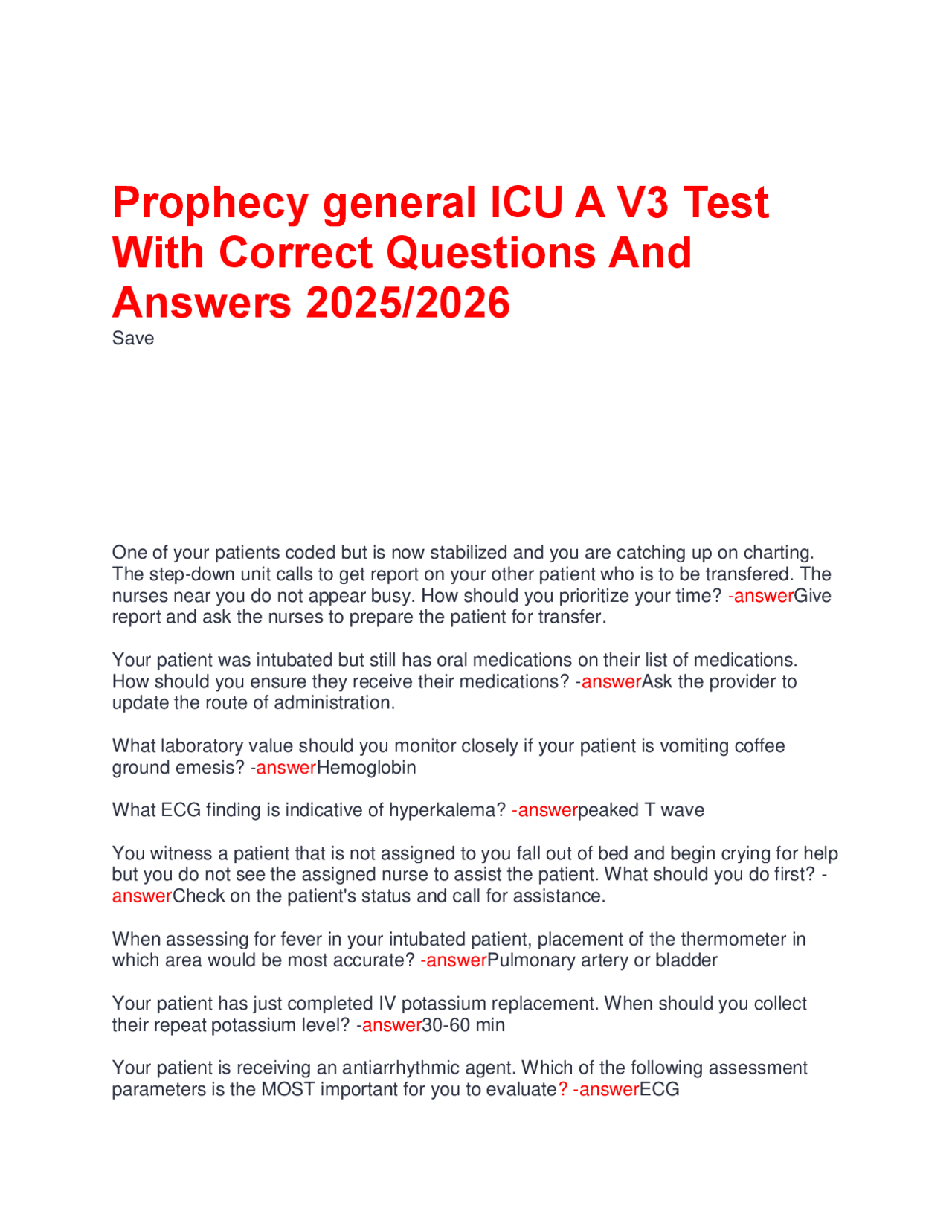 Prophecy General ICU A V3 Test: Questions and Answers for 2025/2026 ...