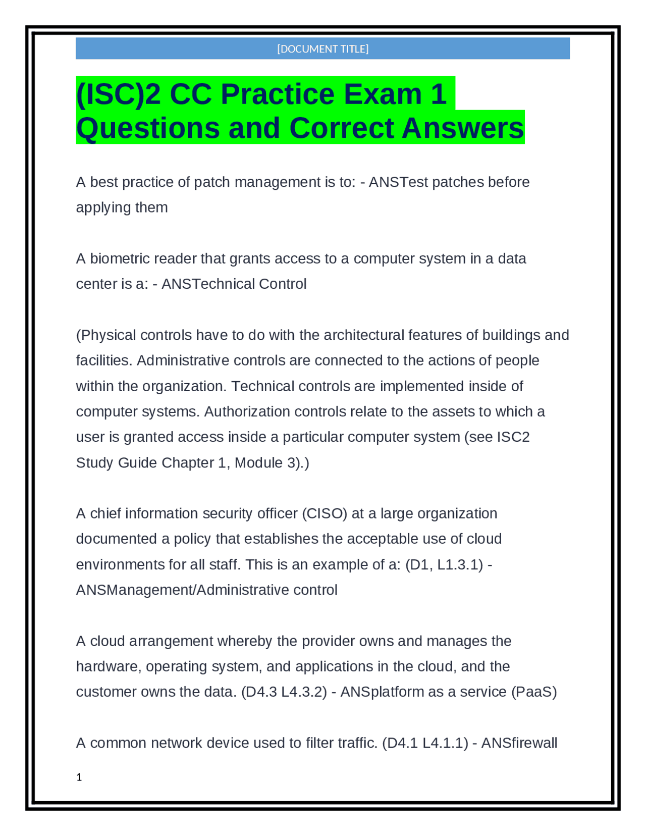 (ISC)2 CC Practice Exam 1 Questions and Correct Answers | Exams Cybercrime, Cybersecurity and ...