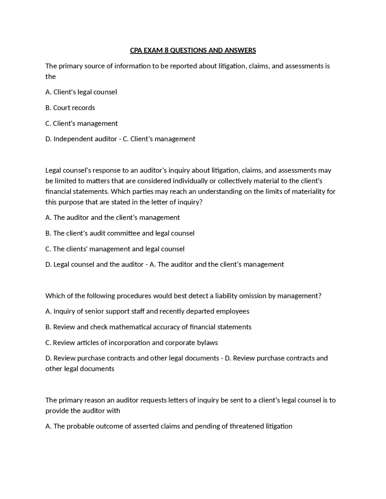 CPA Exam Questions and Answers: Auditing and Assurance Services | Exams ...